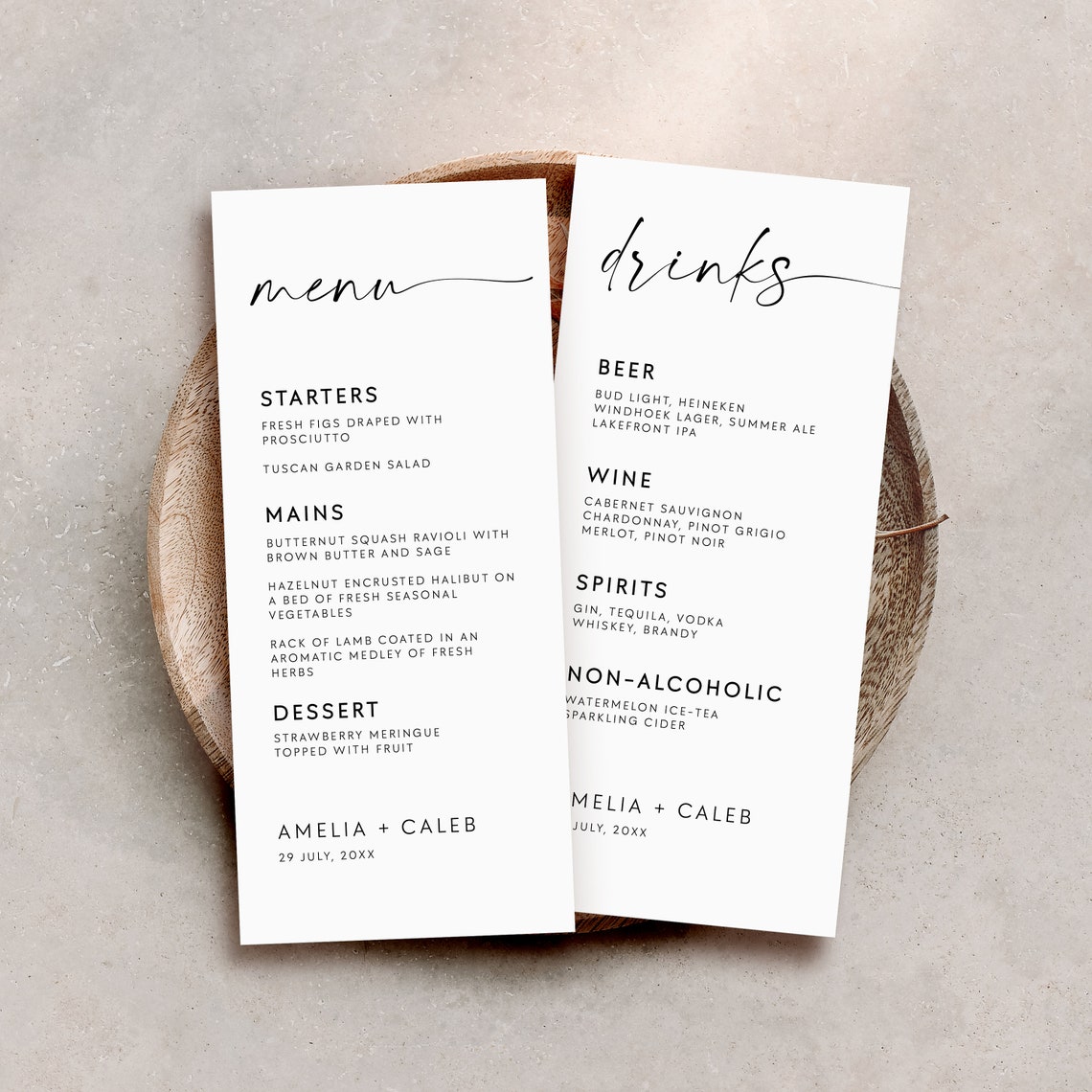 4x9 Minimalist Wedding Menu and Drinks Menu Card Printable Template ...