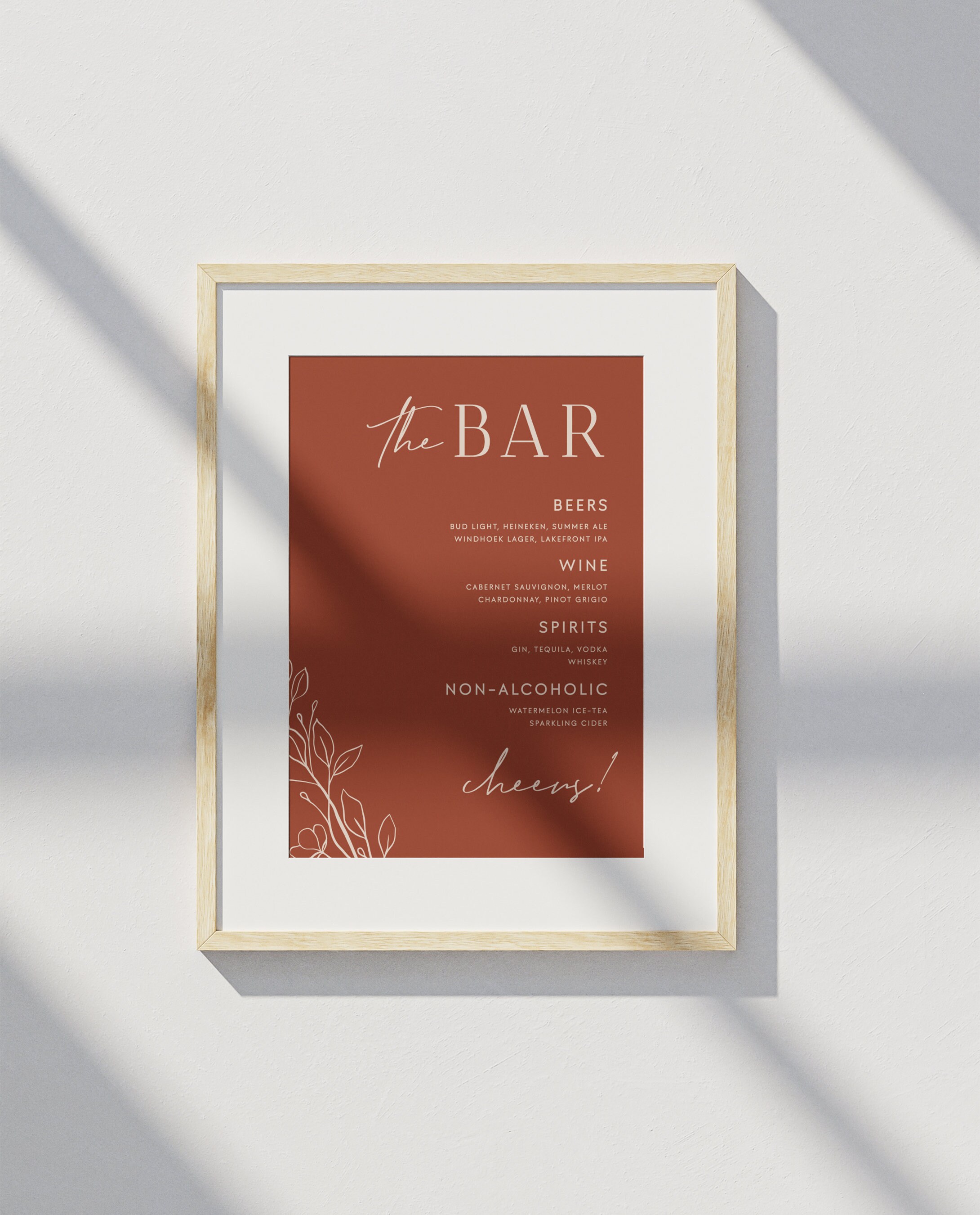 Small Burnt Orange Wedding Bar Menu Sign Printable Template, Modern Bar ...