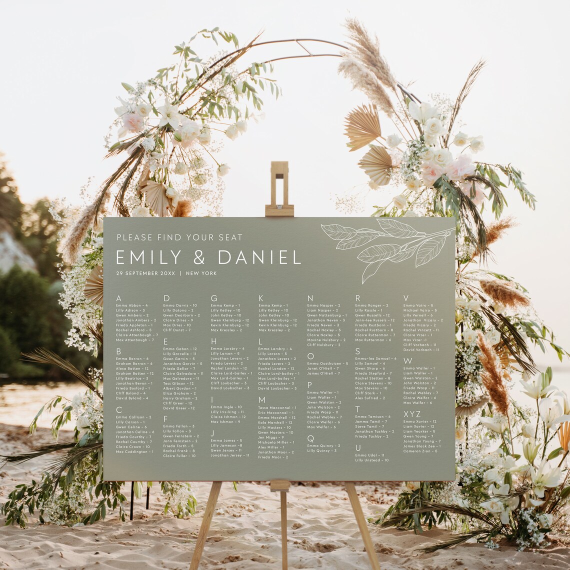 Alphabetical Sage Seating Chart Sign Template | Landscape Sage Green ...