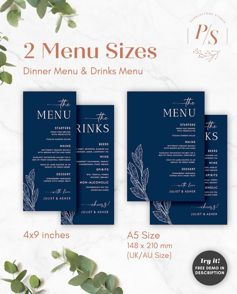 Navy Blue Wedding Dinner Menu Cards Editable Template, Boho Blue Drinks ...