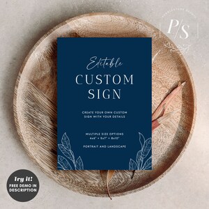 Rustic Navy Blue Wedding Custom Small Editable Sign Template, Boho Blue ...
