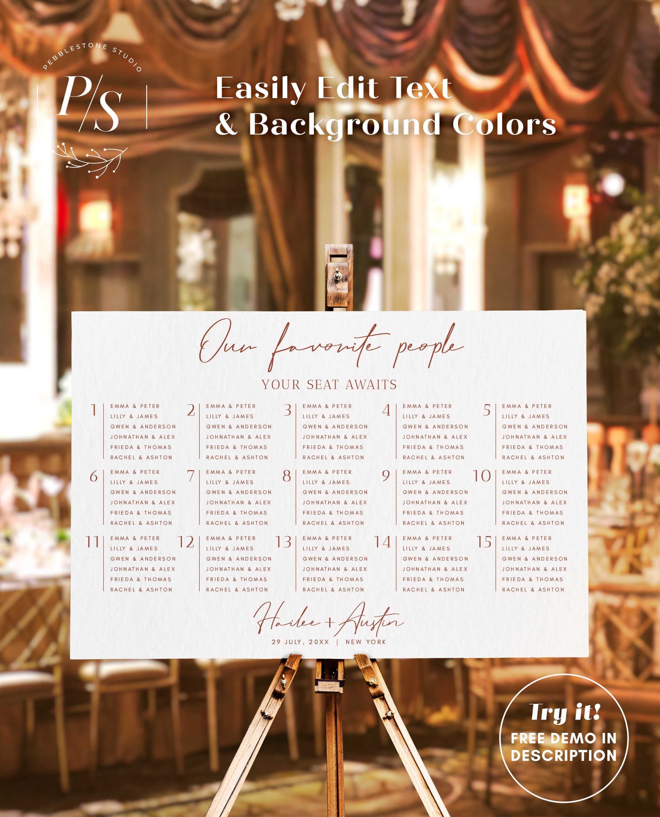 15 Table Wedding Seating Plan Template, Terracotta Seating Chart Poster ...