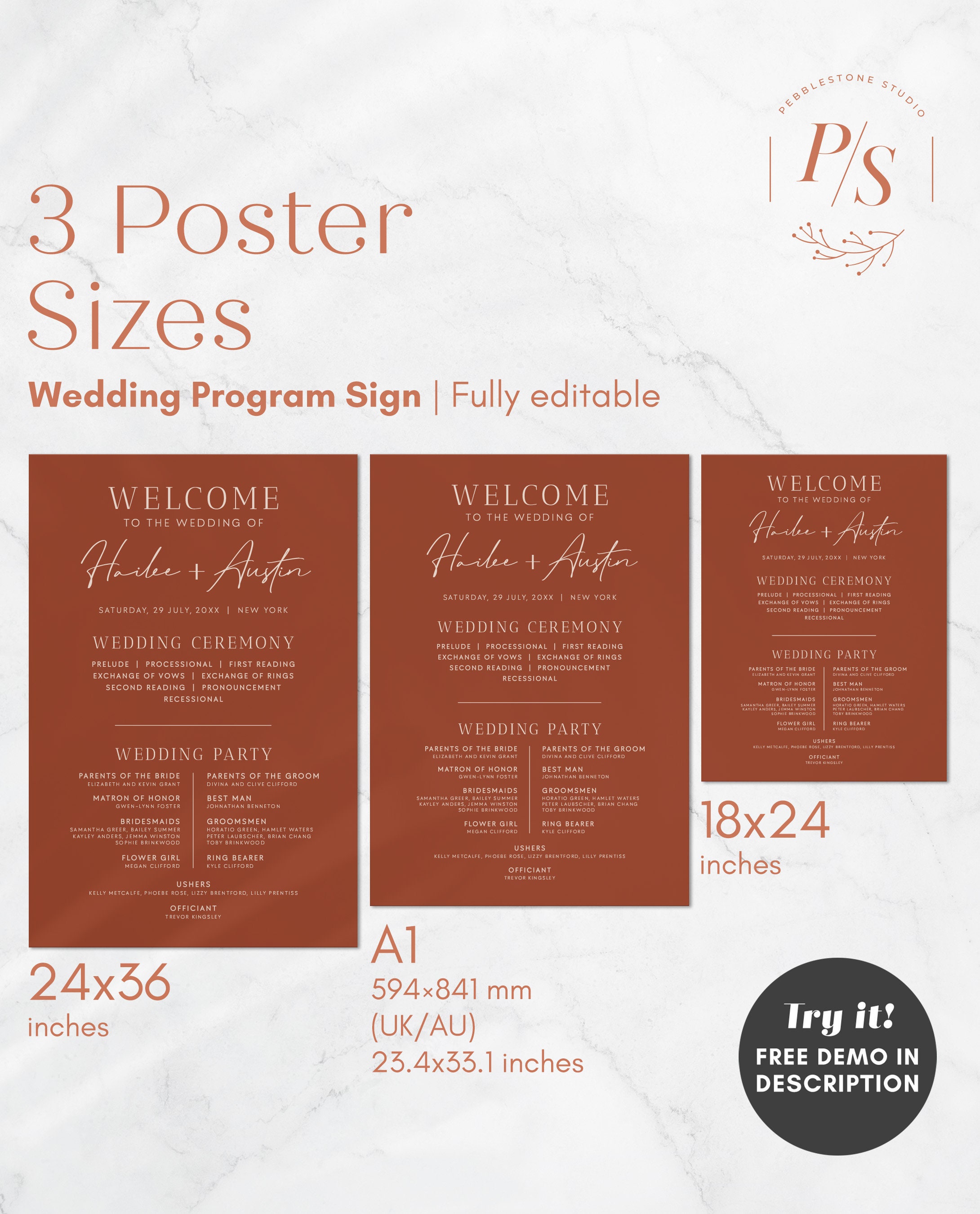 Burnt Orange Wedding Program Sign Editable Template | Wedding Ceremony ...