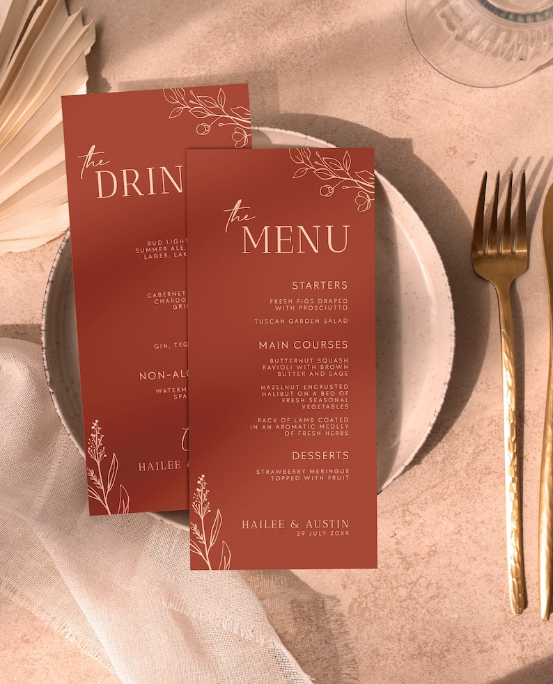 Burnt Orange Wedding Menu Cards Templates, Drinks Menu Table Card ...