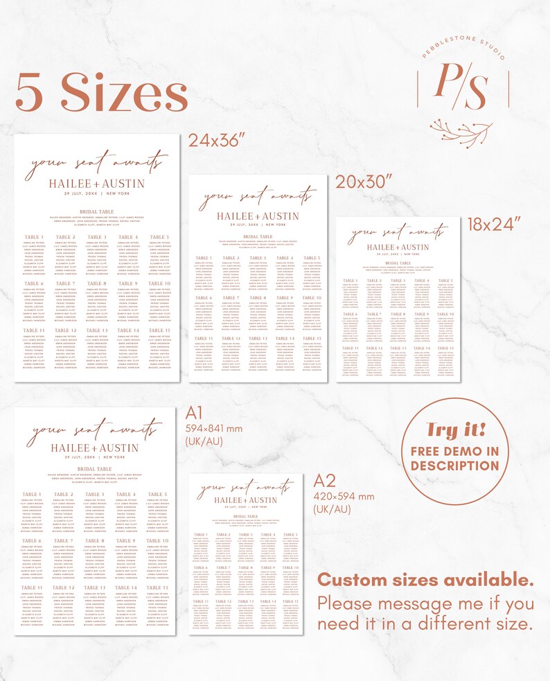 16 Table Boho Wedding Seating Plan Chart Template | Minimal Terracotta ...