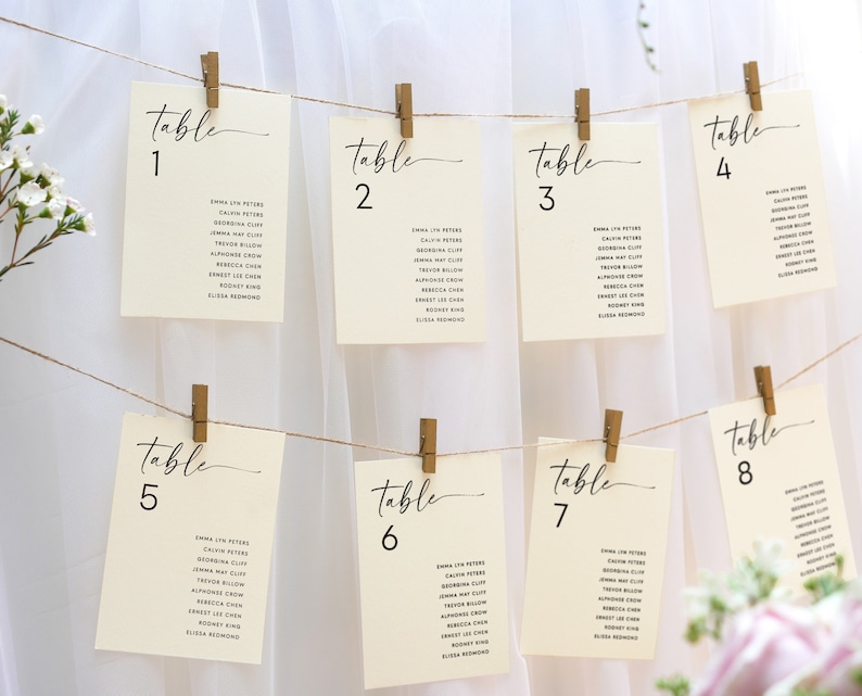 Modern Hanging Seating Chart Cards Minimalist Wedding Template ...