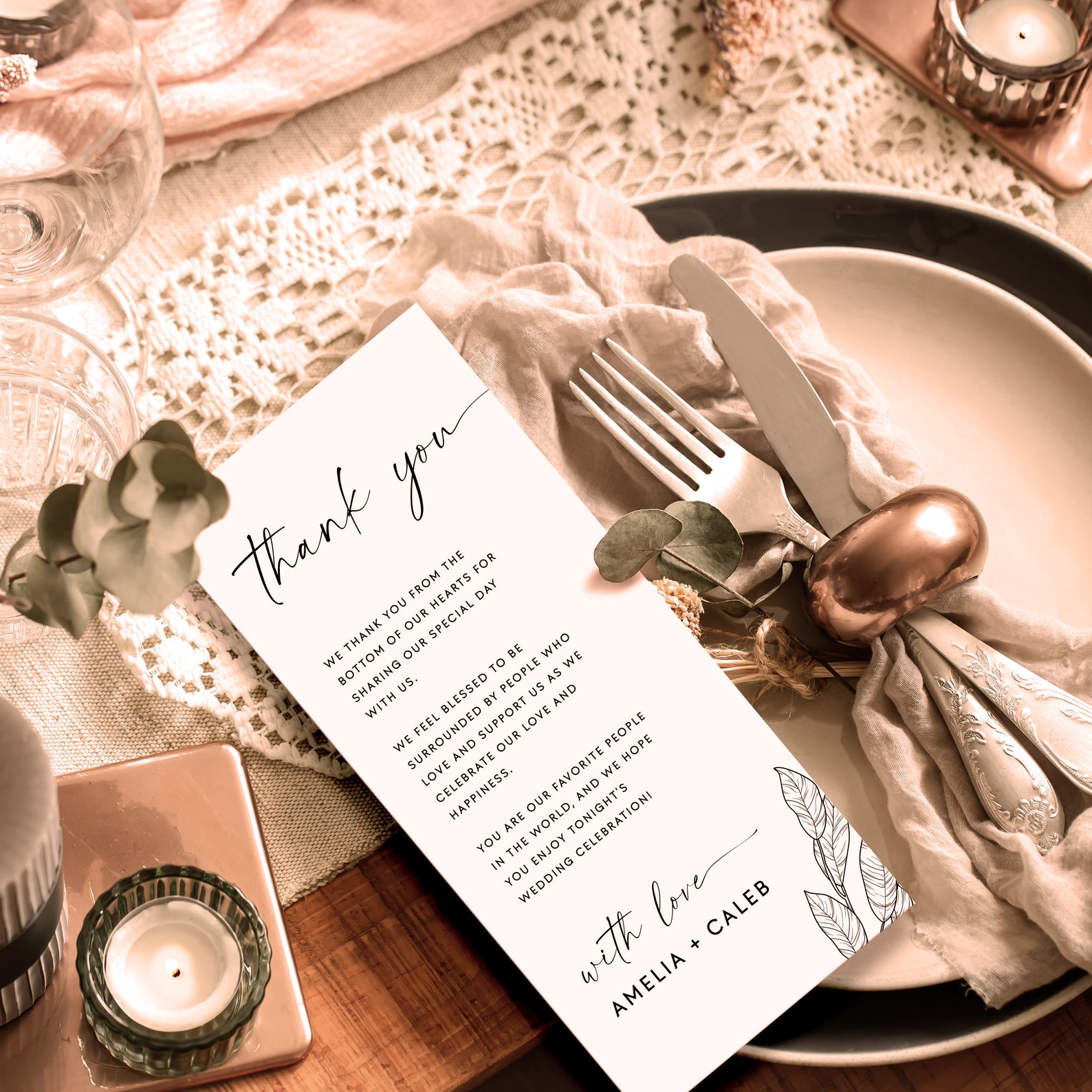 Minimalist Wedding Table Plate Thank You Note Editable Template Thank ...