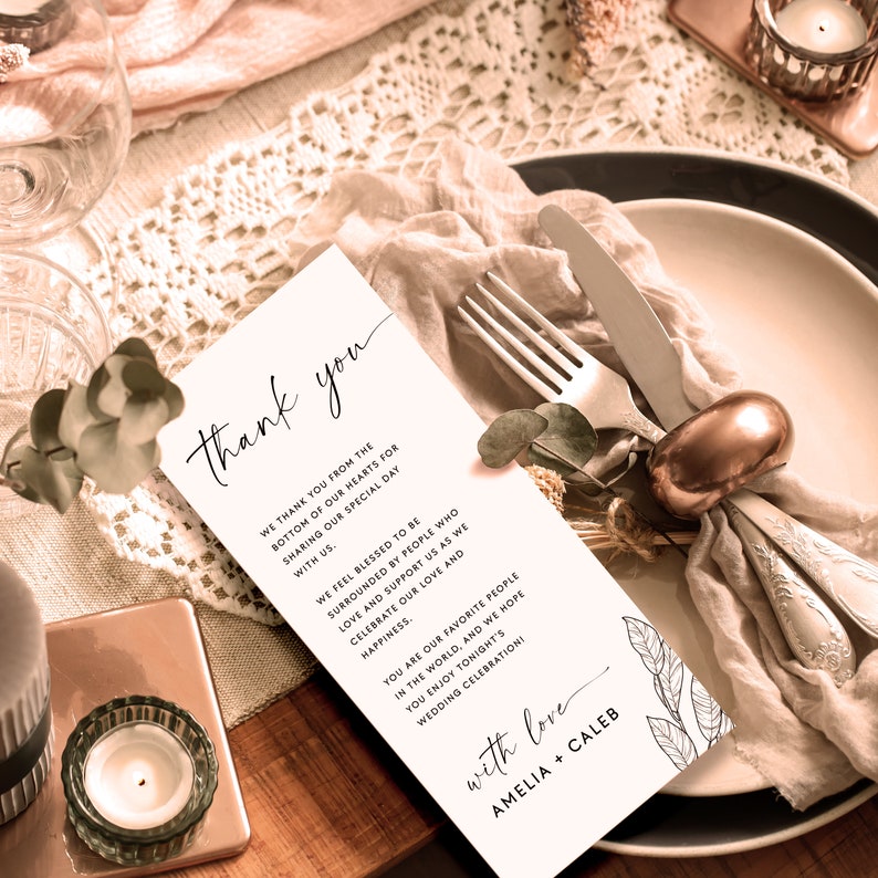 Minimalist Wedding Table Plate Thank You Note Editable Template Thank ...