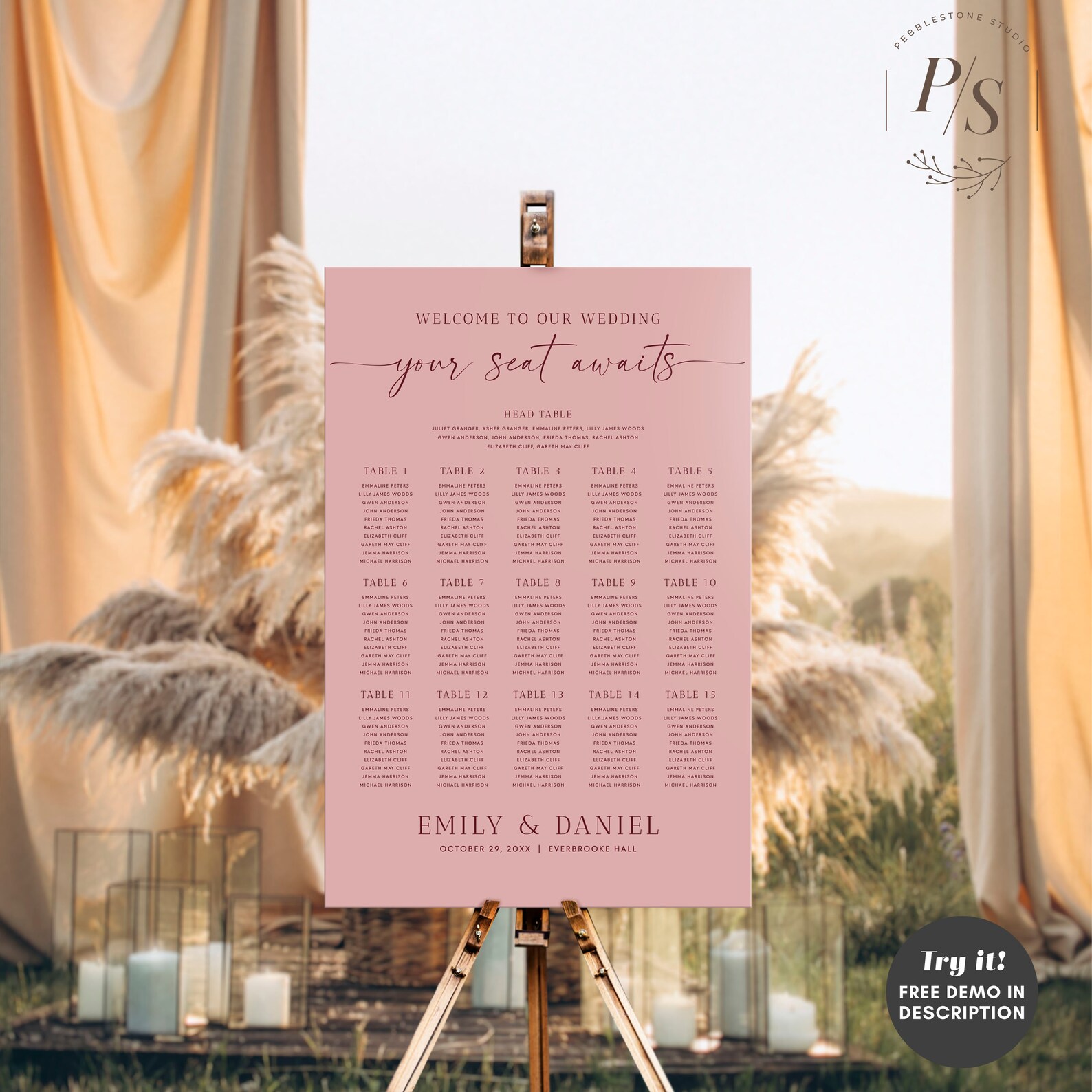 Rose Pink Wedding Seating Chart Sign Editable Template Dusty Pale Pink ...