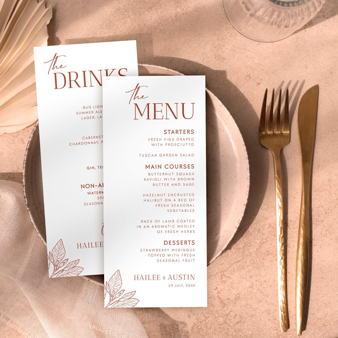 Modern Wedding Table Menu and Drinks Card Template | Editable Burnt ...