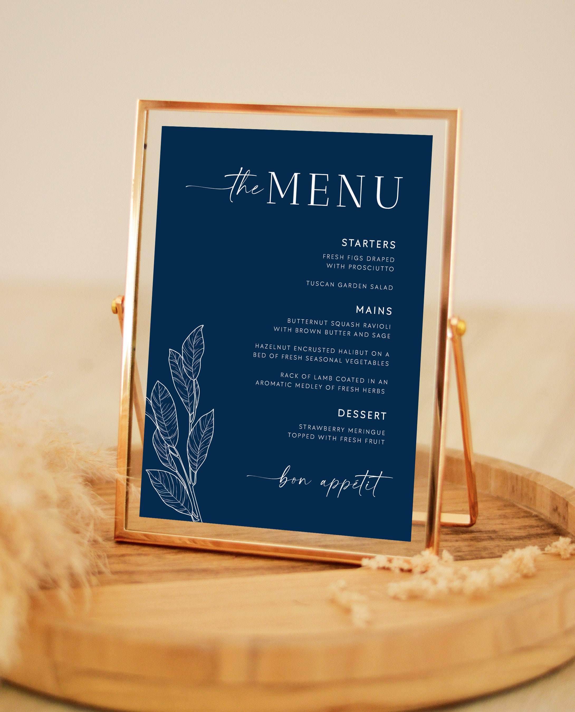Small Navy Blue Wedding Dinner Menu Sign Editable Template, Modern ...