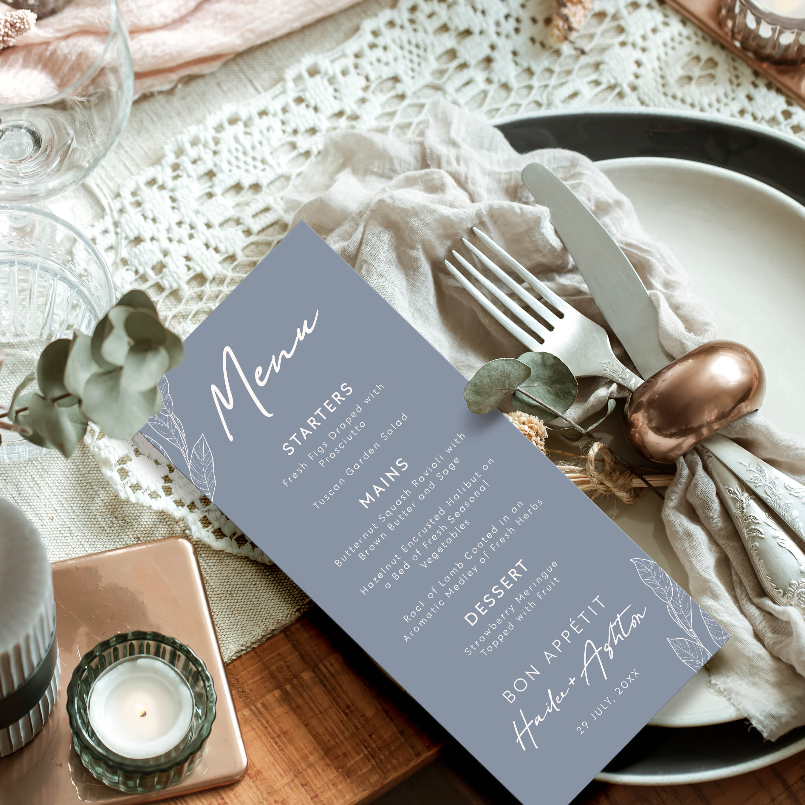 Dusty Blue Wedding Menu Card and Drinks Menu Card Template, Editable ...