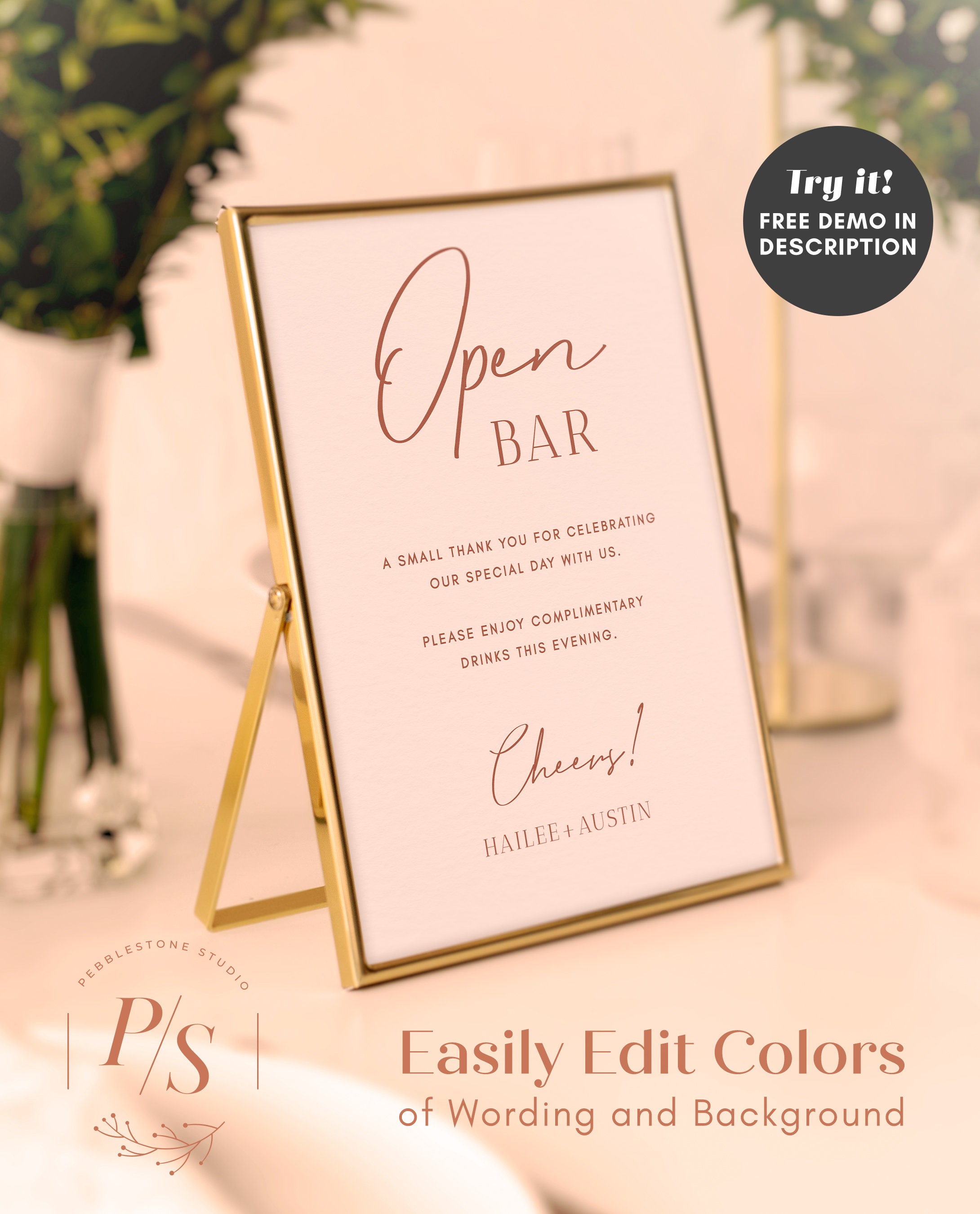 Small Open Bar Table Sign Template for Terracotta Wedding, Editable ...