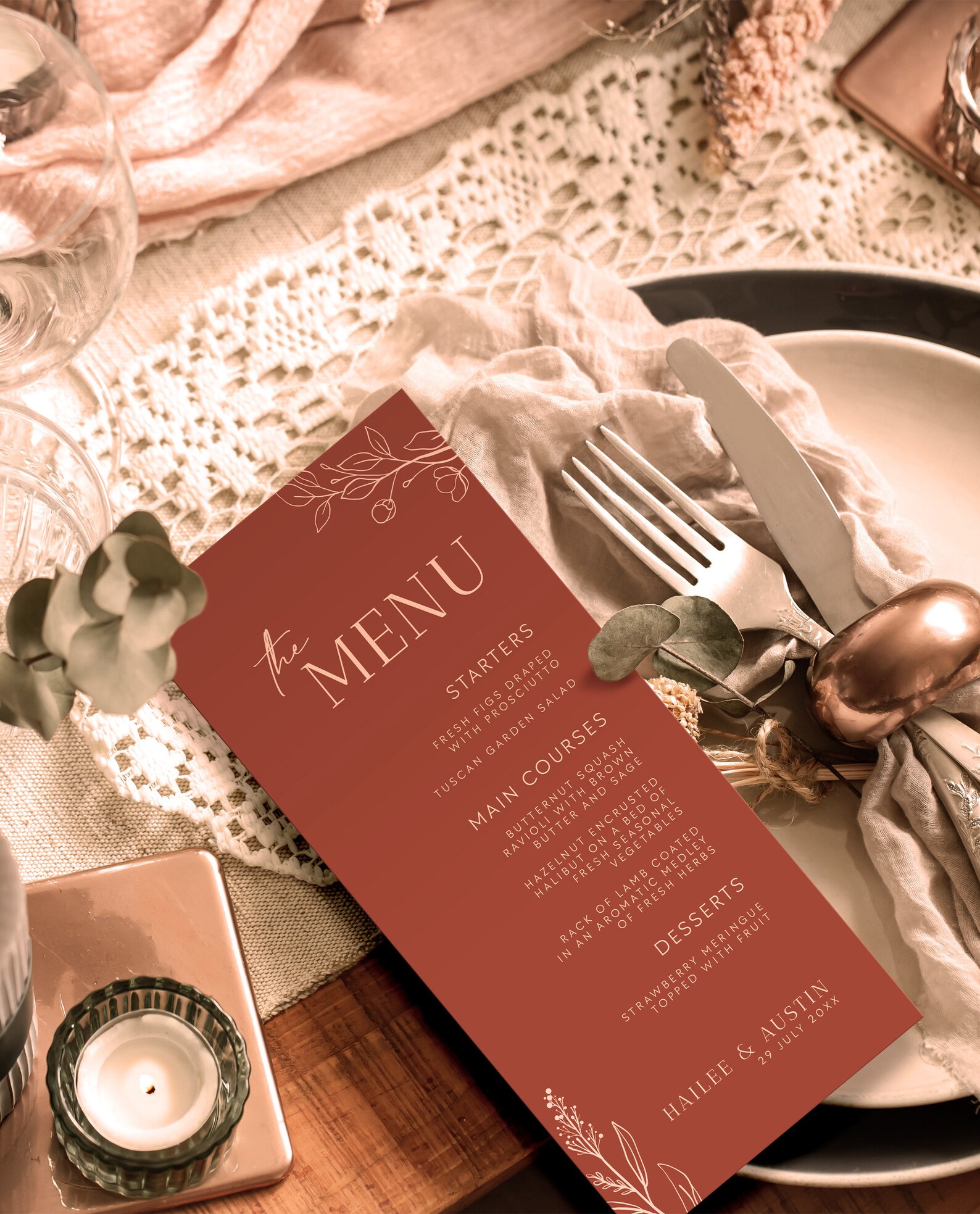 Burnt Orange Wedding Menu Cards Templates, Drinks Menu Table Card ...