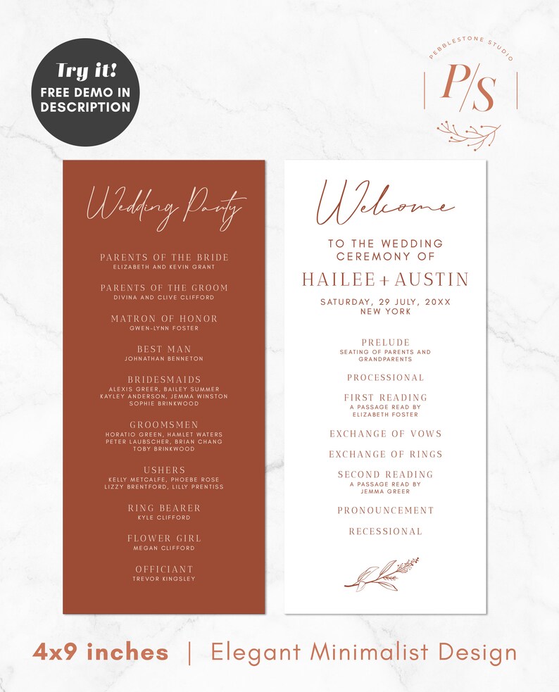 Wedding Program Card With Order of Service, Terracotta Wedding ...