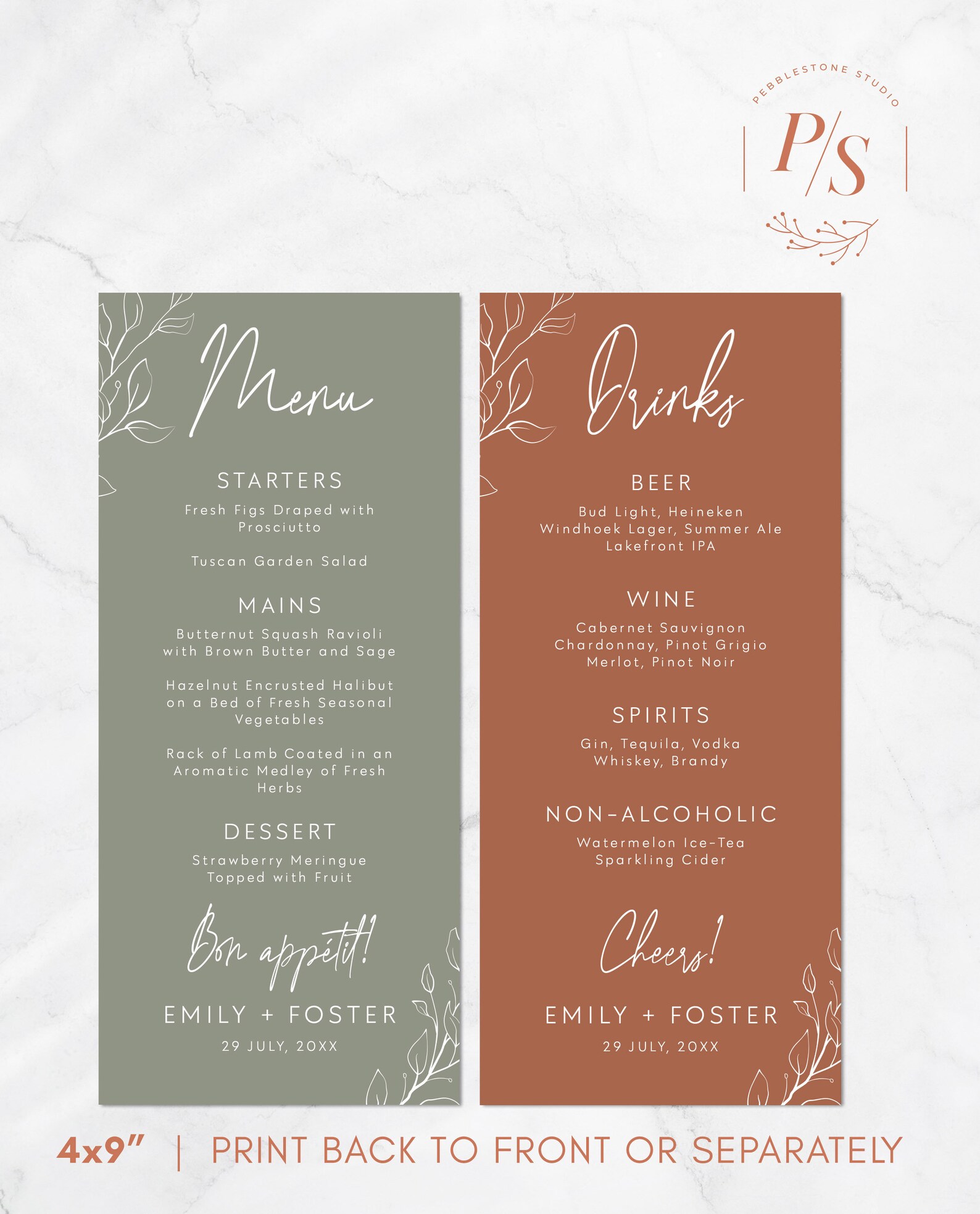 Sage Green Wedding Menu Template With Drinks Card | Printable Green ...