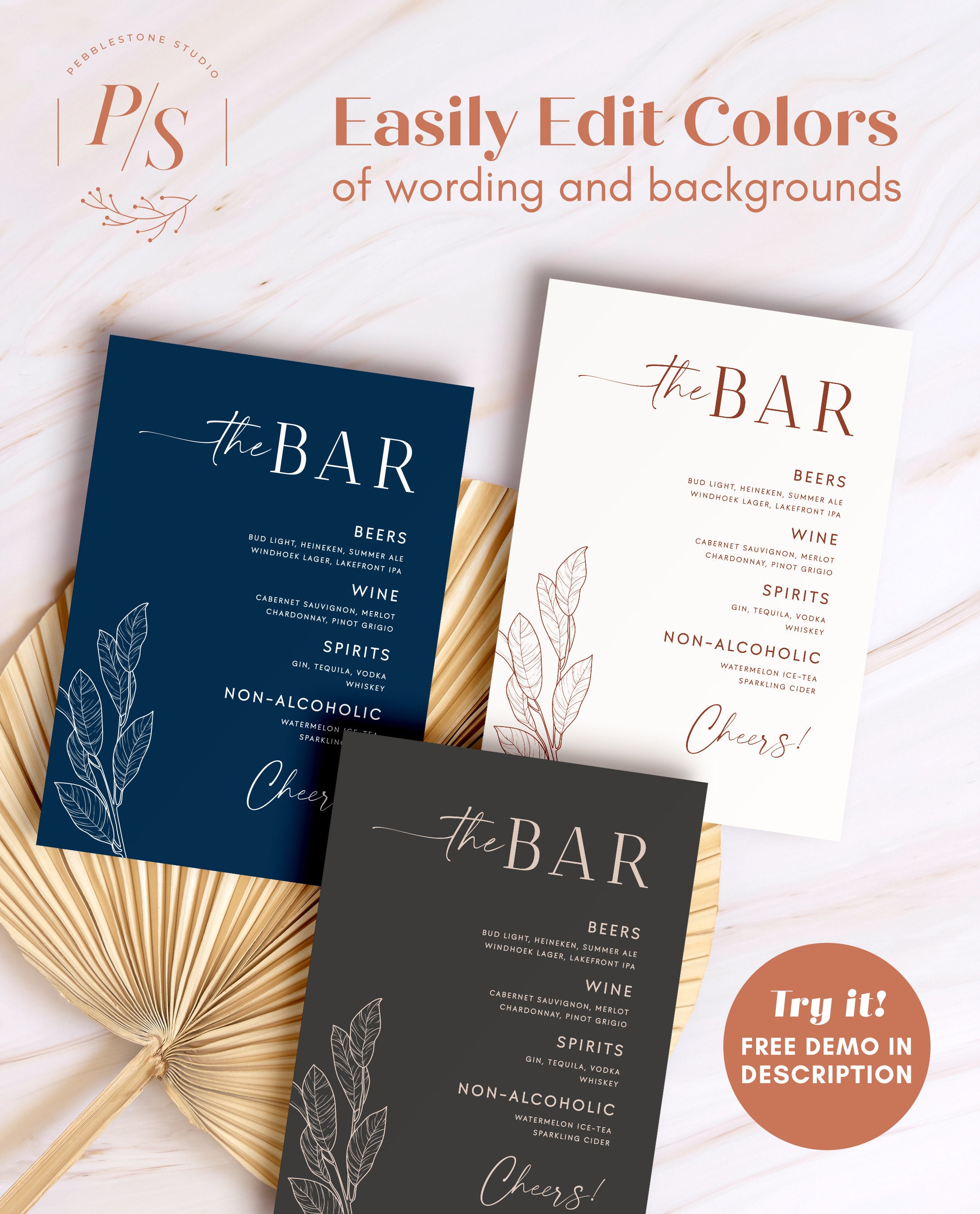 Small Navy Blue Wedding Bar Menu Sign Editable Template, Modern Bar ...