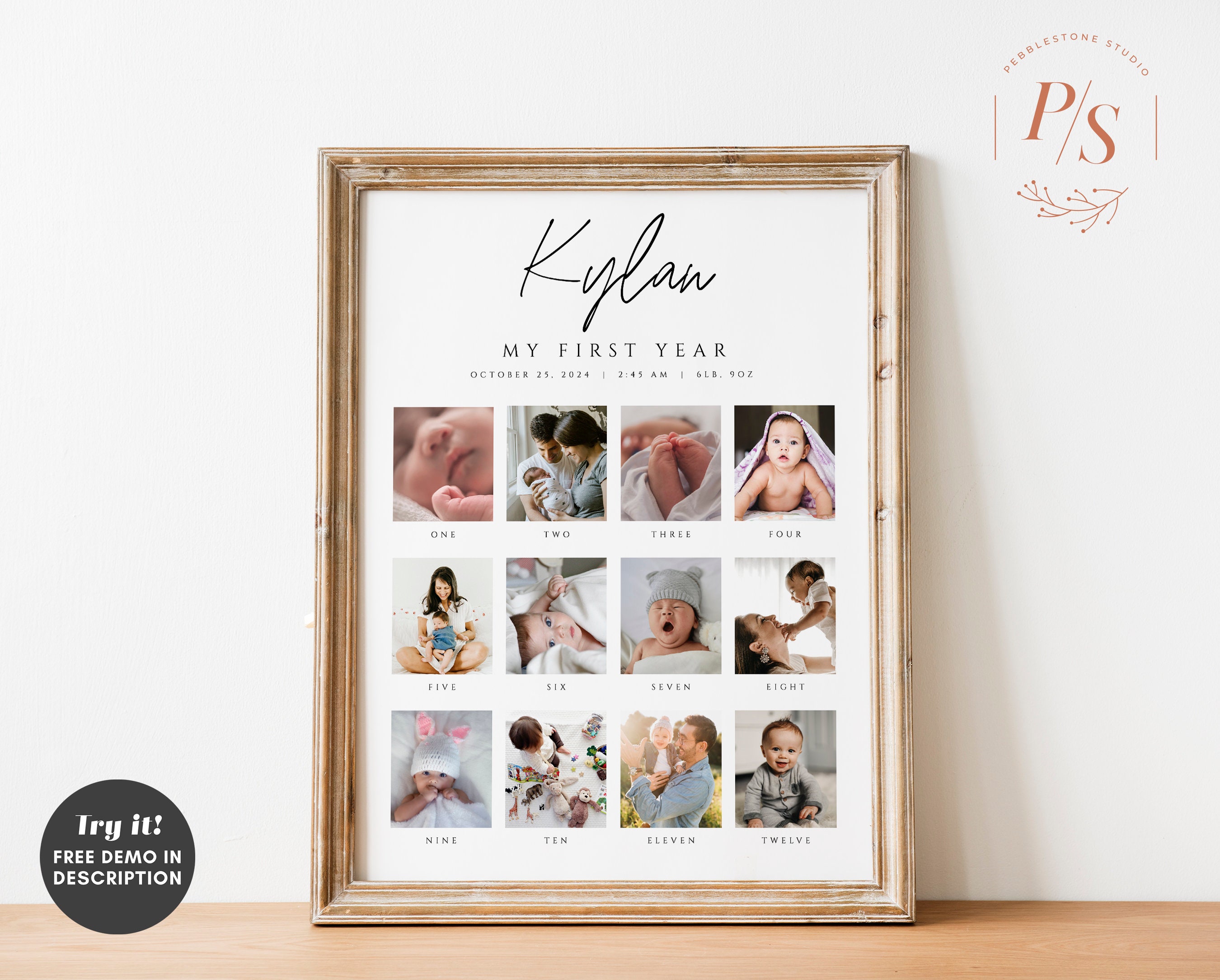 Baby's First Year Photo Collage Poster Template, Modern Minimalist, 12 ...