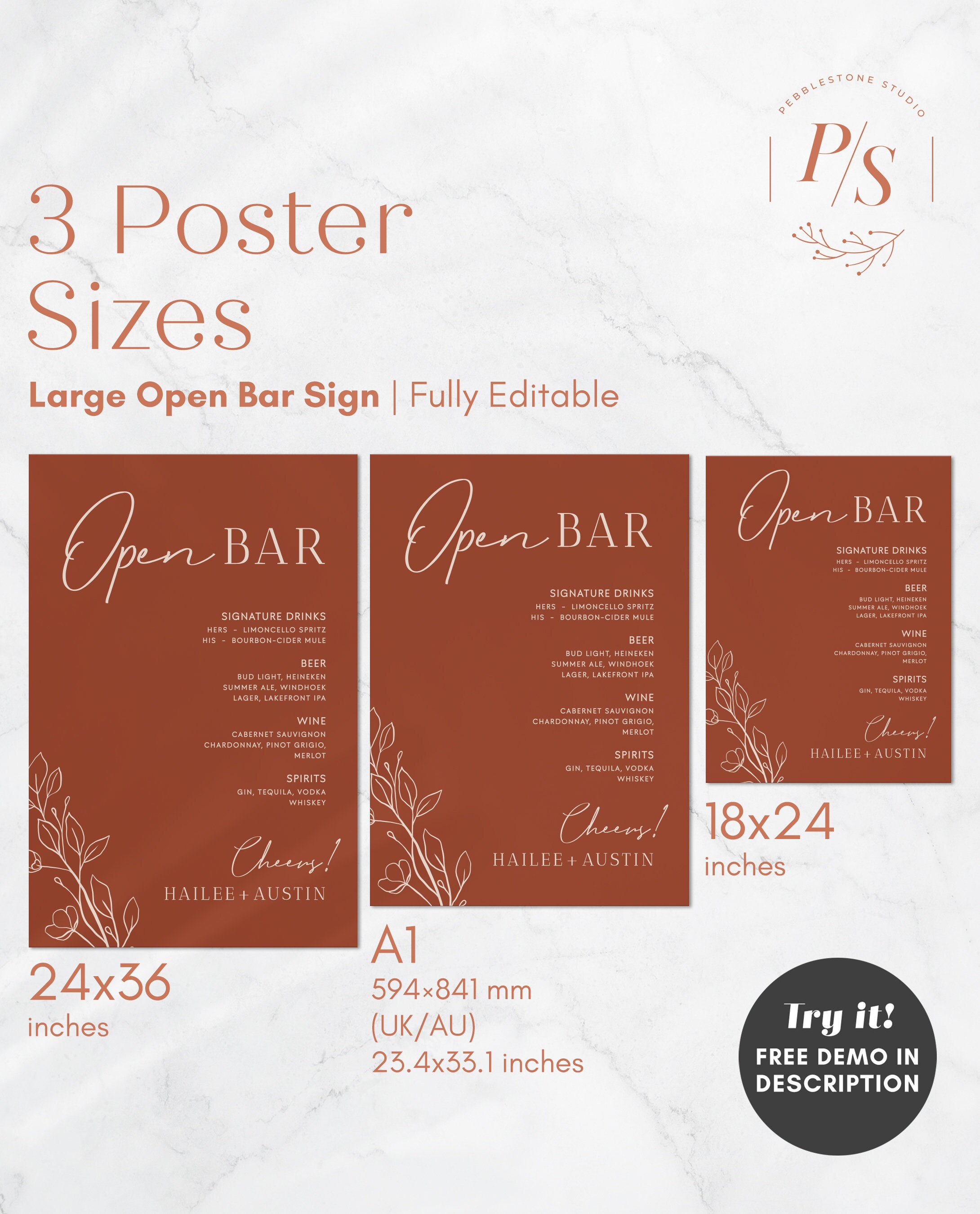 Large Editable Open Bar Sign for Burnt Orange Wedding, Outdoor Bar Sign ...