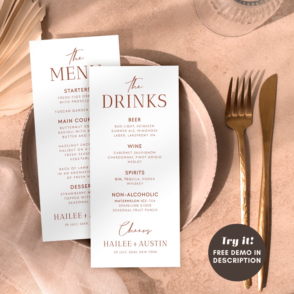 Modern Minimal Wedding Plate Menu Card Template, Simple Clean Wedding ...