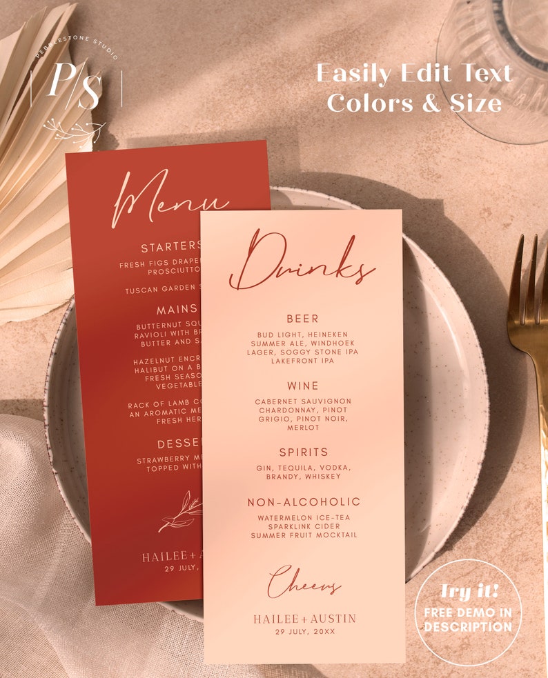 Terracotta Wedding Table Menu Card Editable Template, Burnt Orange ...