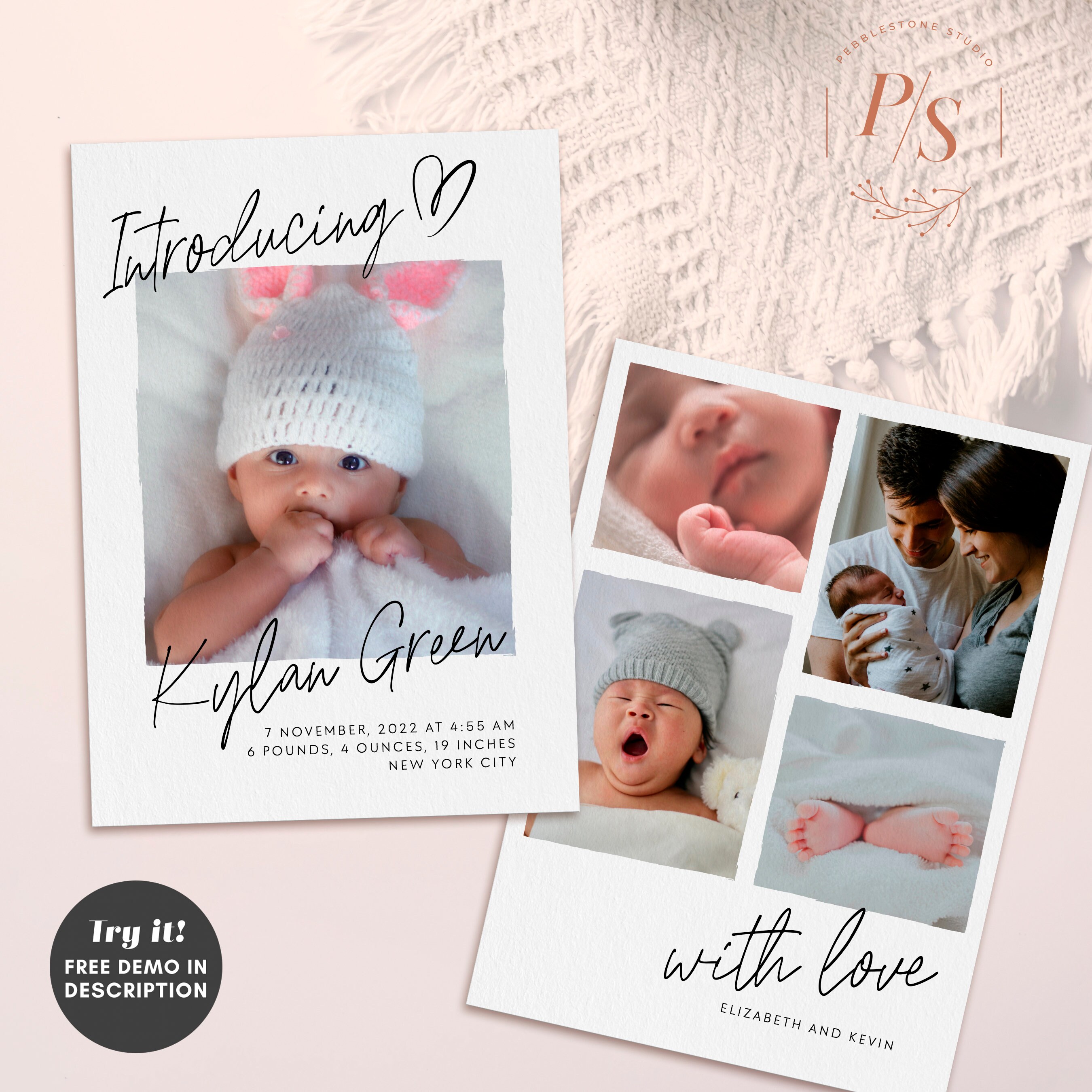 Minimal New Baby Photo Announcement Card Template | Printable Newborn ...