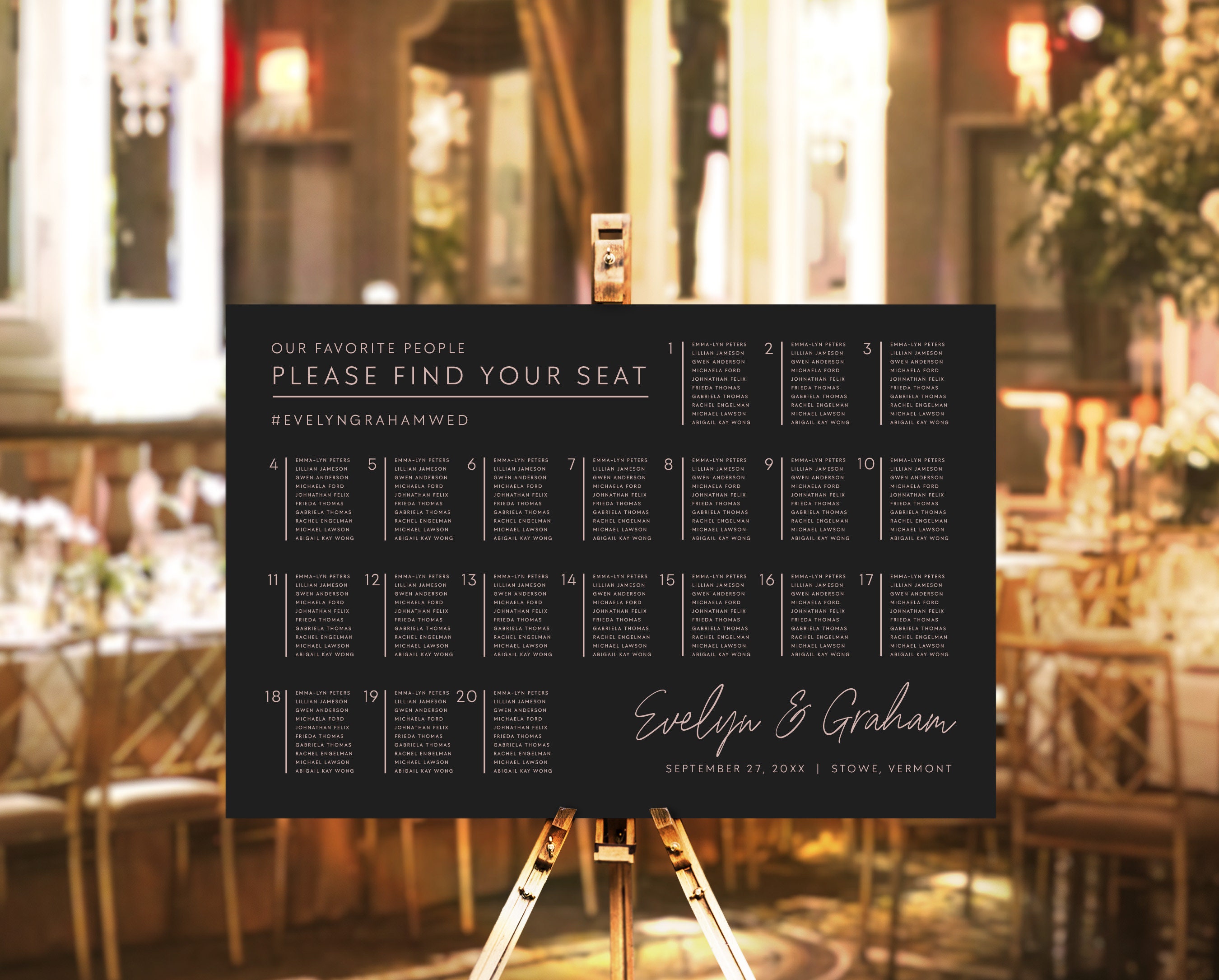 Large Horizontal Rose Gold Wedding Table Seating Chart Sign Template ...