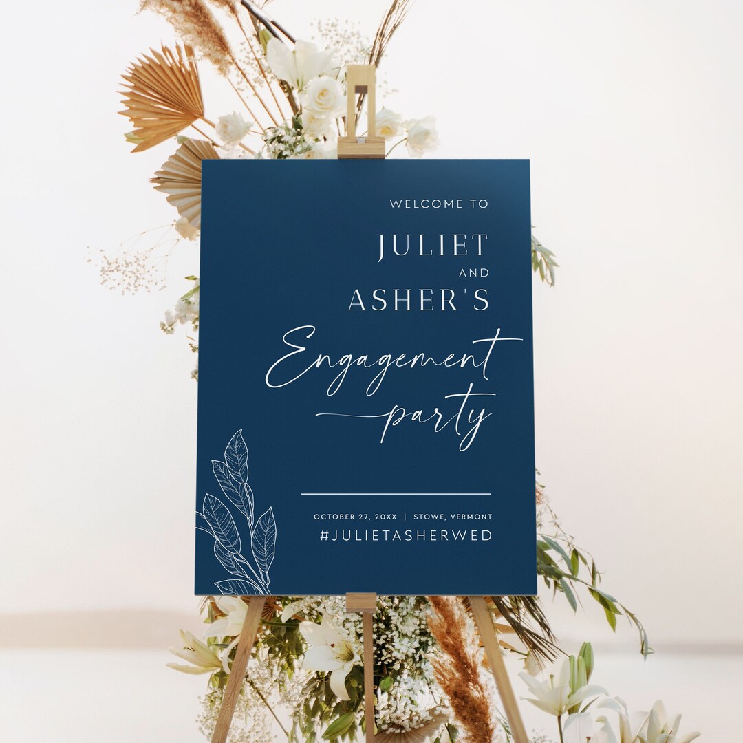 Rustic Blue Engagement Party Welcome Easel Sign, Boho Navy Blue ...