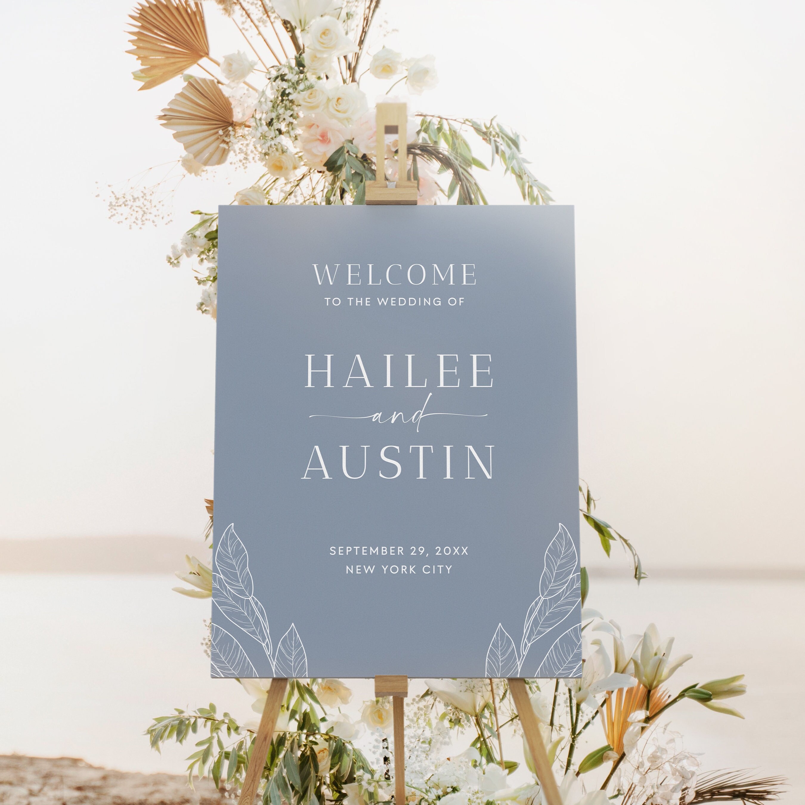 Dusty Blue Wedding Welcome Sign Template Fully Editable, Boho Pale Blue ...