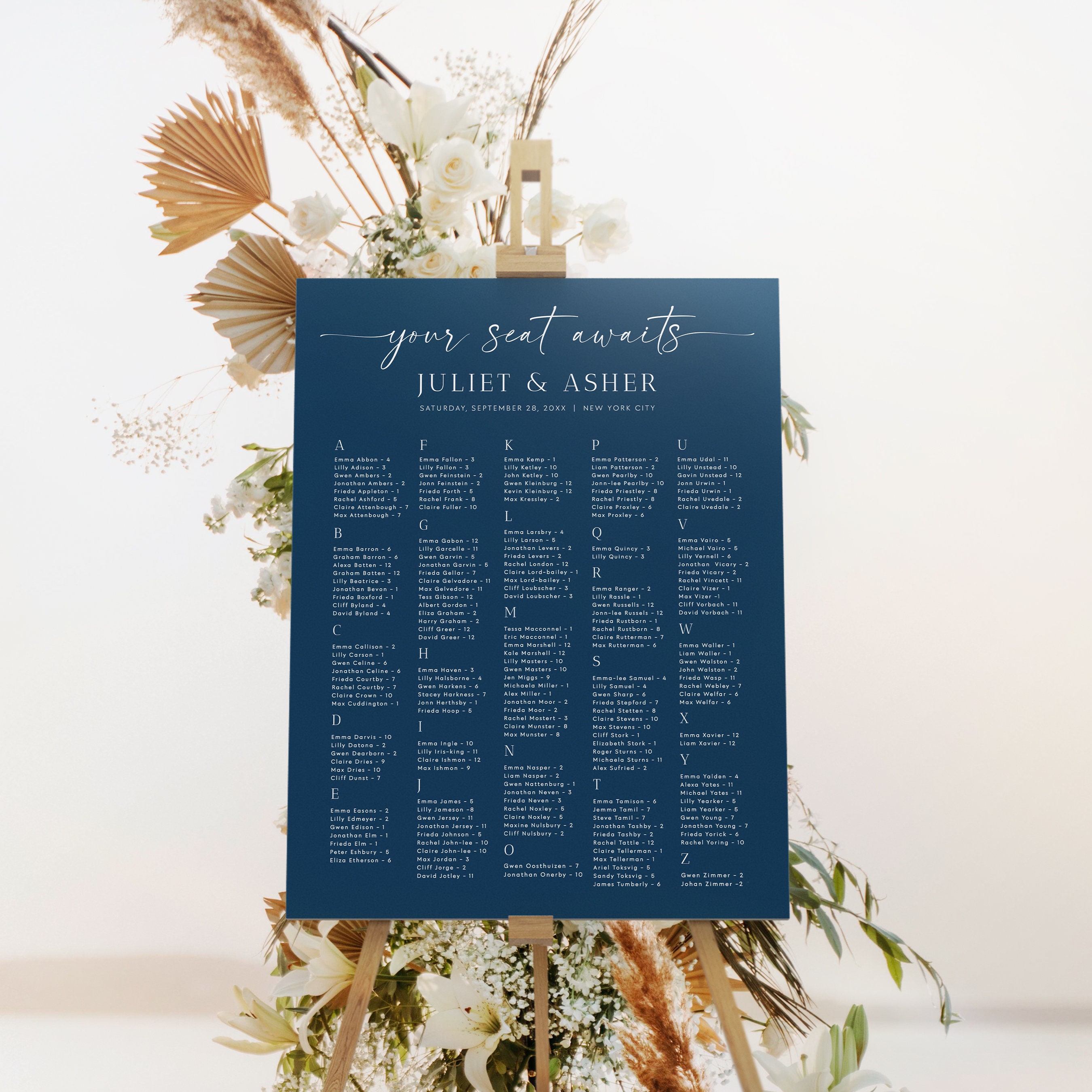 Navy Blue Wedding Alphabetic Seating Chart Sign Template, Rustic Blue ...