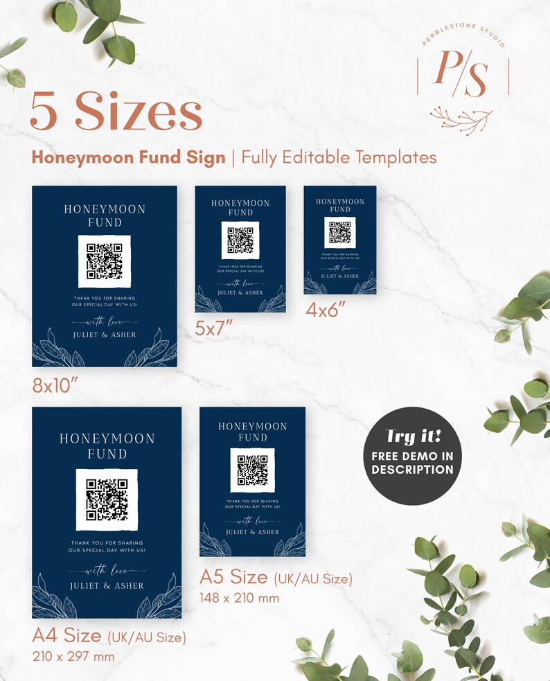 Navy Blue Honeymoon QR Code Fund Sign Editable Template, Rustic Blue ...