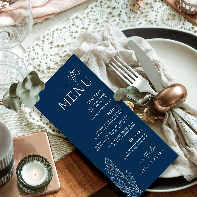 Navy Blue Wedding Dinner Menu Cards Editable Template, Boho Blue Drinks ...