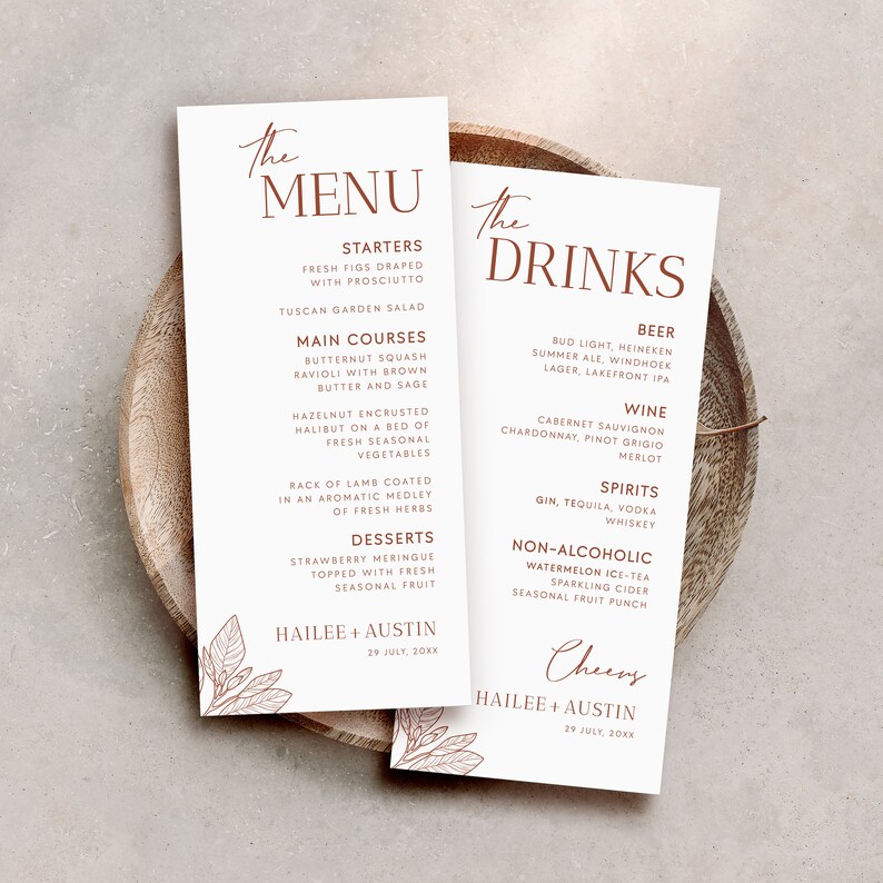 Modern Wedding Table Menu and Drinks Card Template Editable Burnt ...