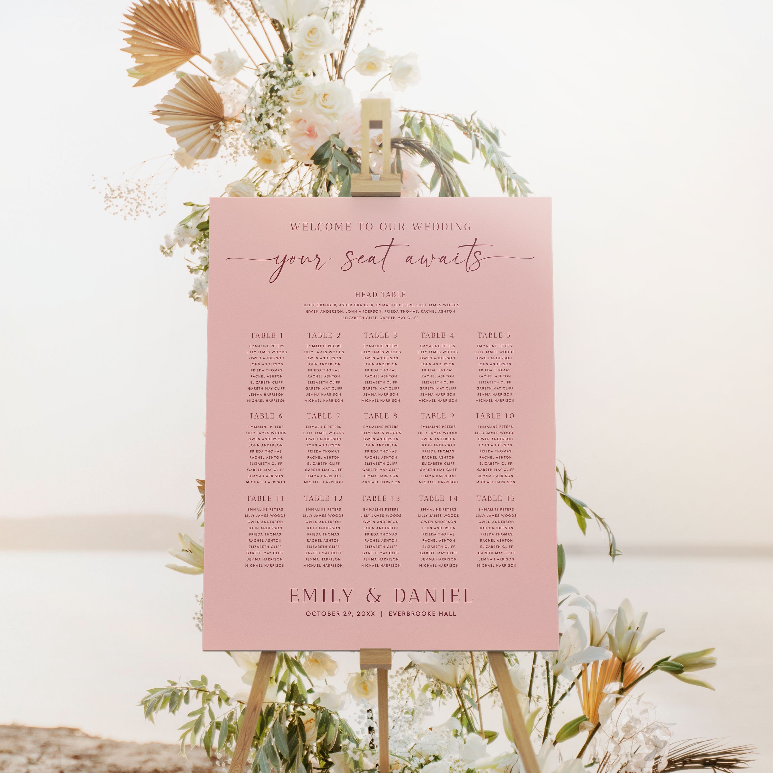 Rose Pink Wedding Seating Chart Sign Editable Template Dusty Pale Pink ...