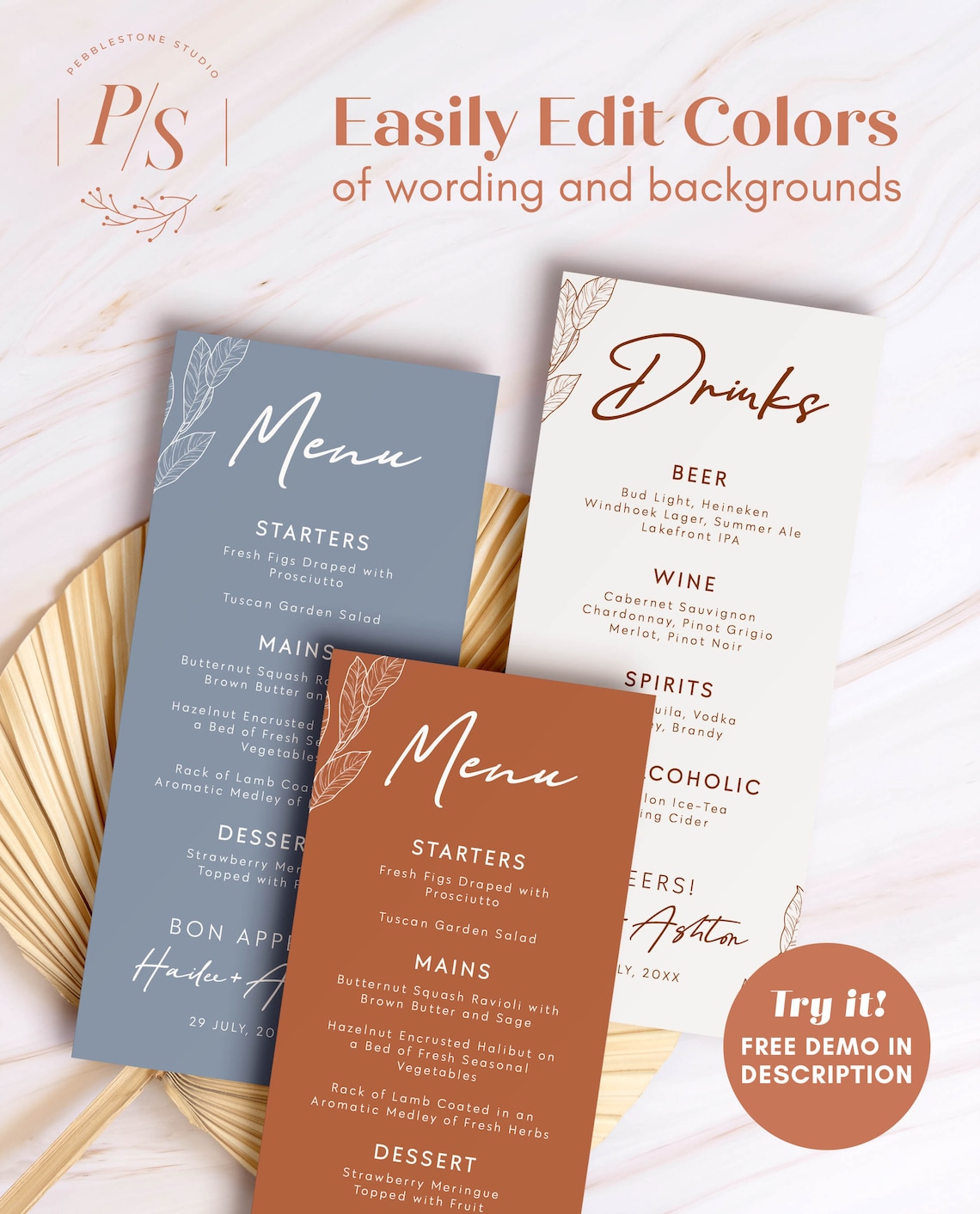 Dusty Blue Wedding Menu Card and Drinks Menu Card Template, Editable ...