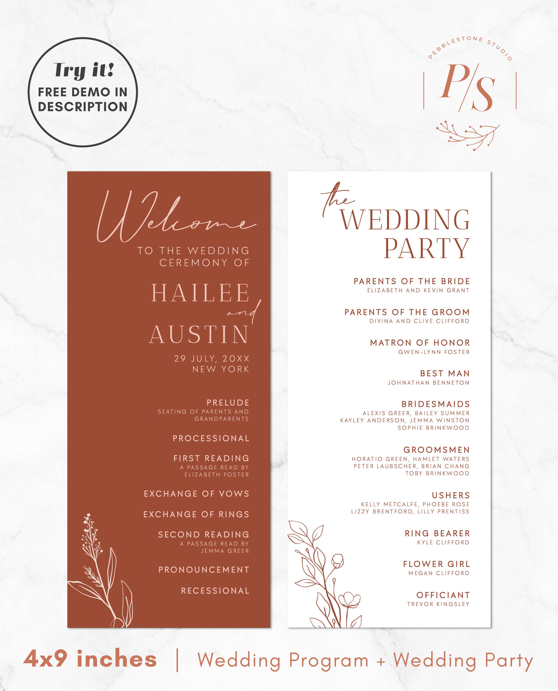 Burnt Orange Wedding Program Template With Wedding Party | DIY Wedding | Boho Wedding Ceremony ...