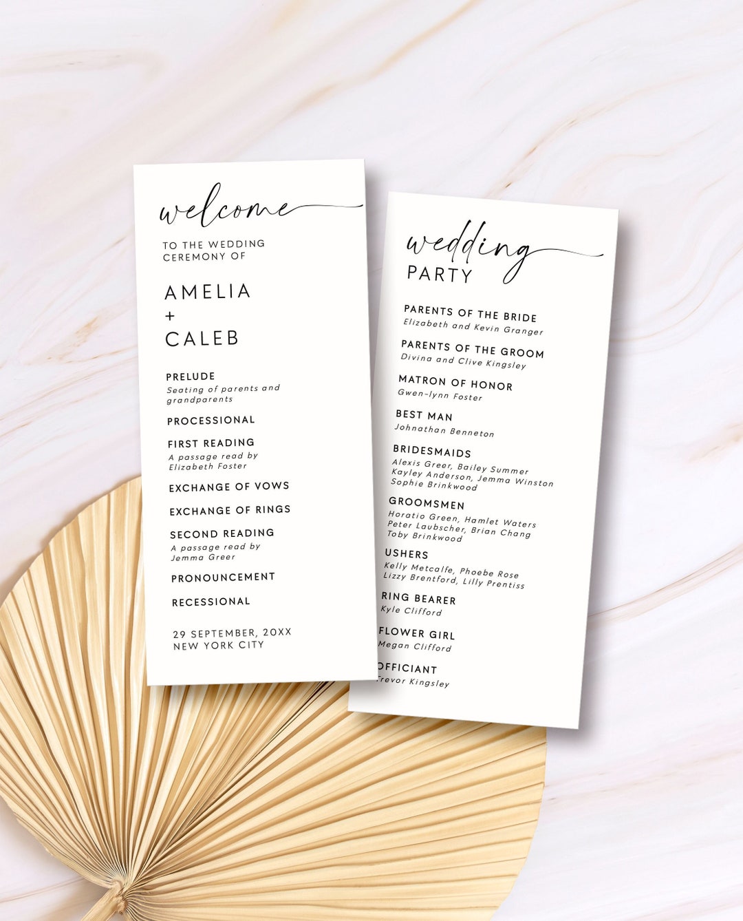 4x9 Modern Wedding Ceremony Program Card Template Minimalist Wedding ...