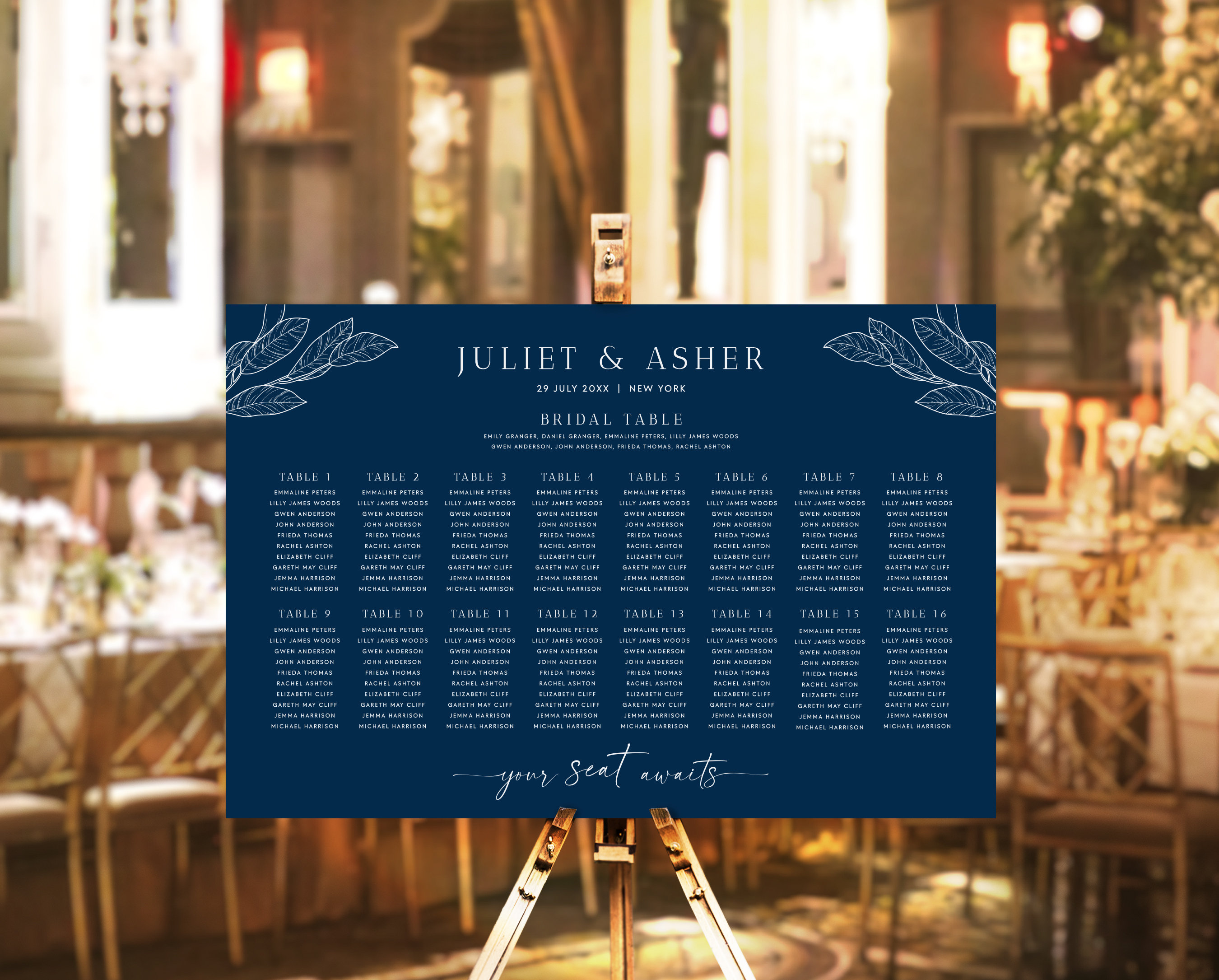 Navy Blue Wedding Table Seating Sign Template, Large Landscape Boho ...