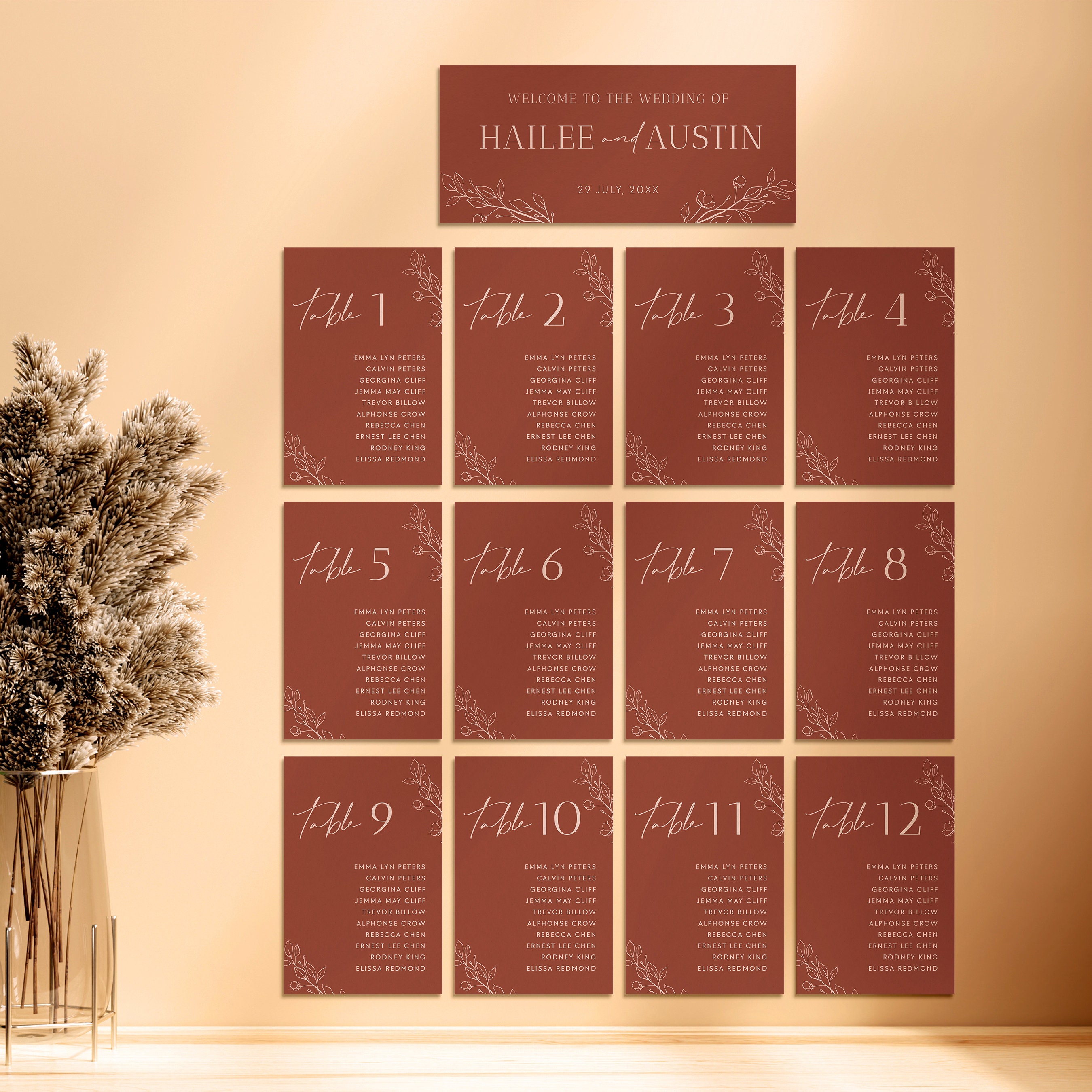Burnt Orange Seating Chart Cards Template | Boho Seating Chart Signs ...