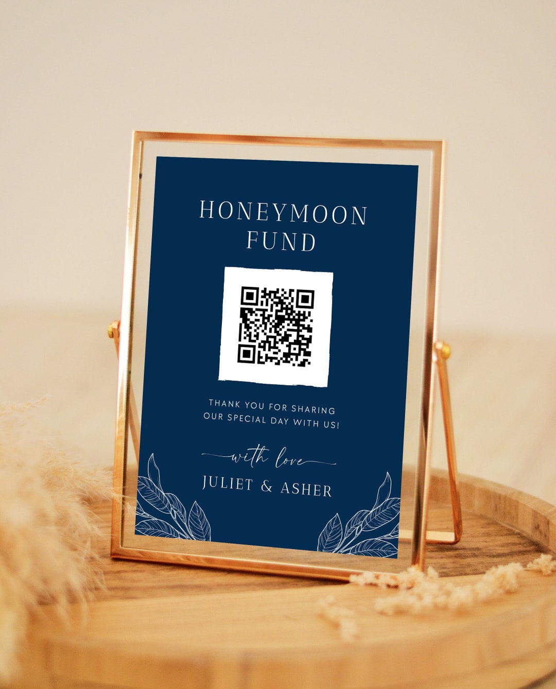 Navy Blue Honeymoon QR Code Fund Sign Editable Template, Rustic Blue ...