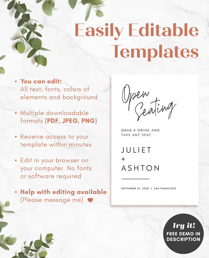 Plantilla de letrero editable de asientos abiertos de boda minimalista ...