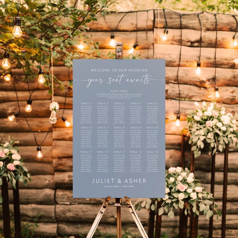 Dusty Blue Wedding Seating Chart Sign Template, Editable Printable ...