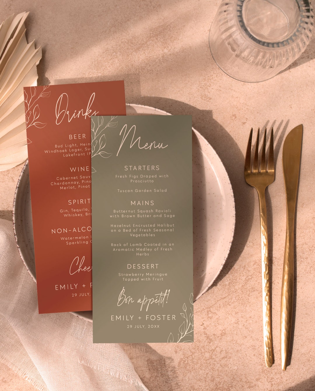 Sage Green Wedding Menu Template With Drinks Card | Printable Green ...