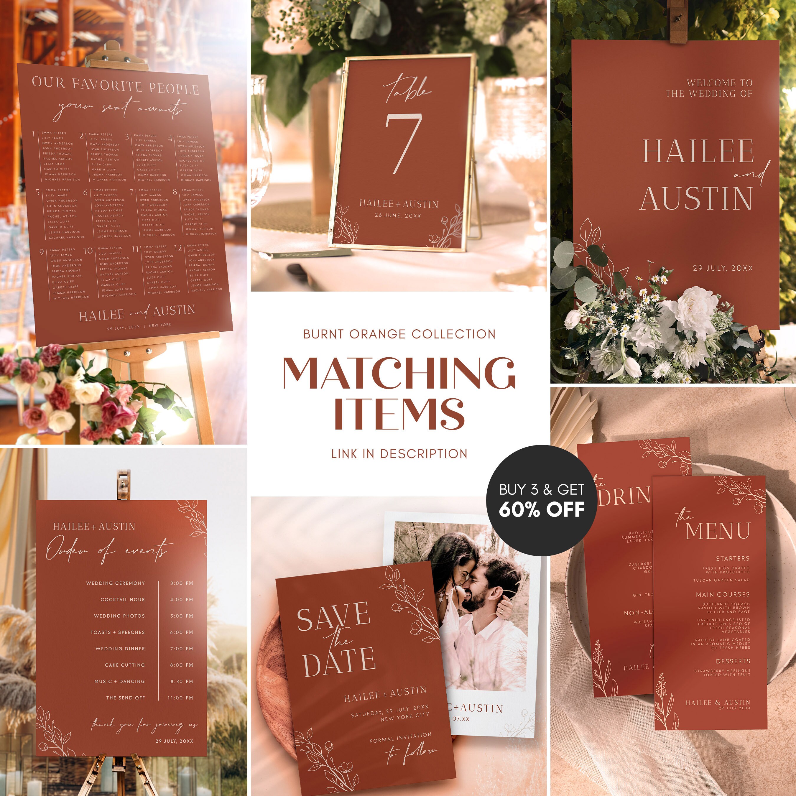 Burnt Orange Seating Chart Cards Template | Boho Seating Chart Signs ...