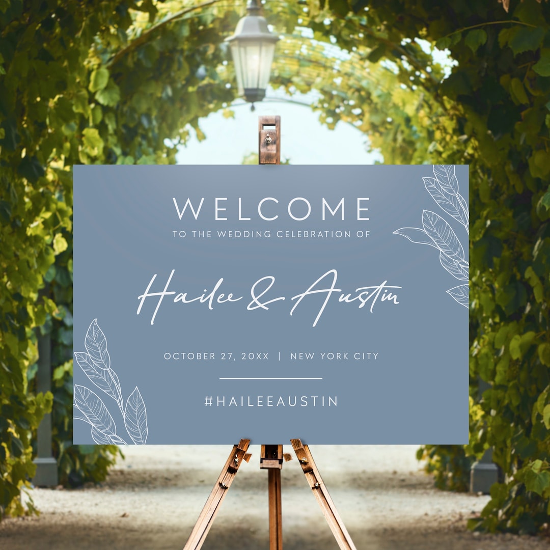 Landscape Dusty Blue Wedding Welcome Easel Sign Template, Editable ...