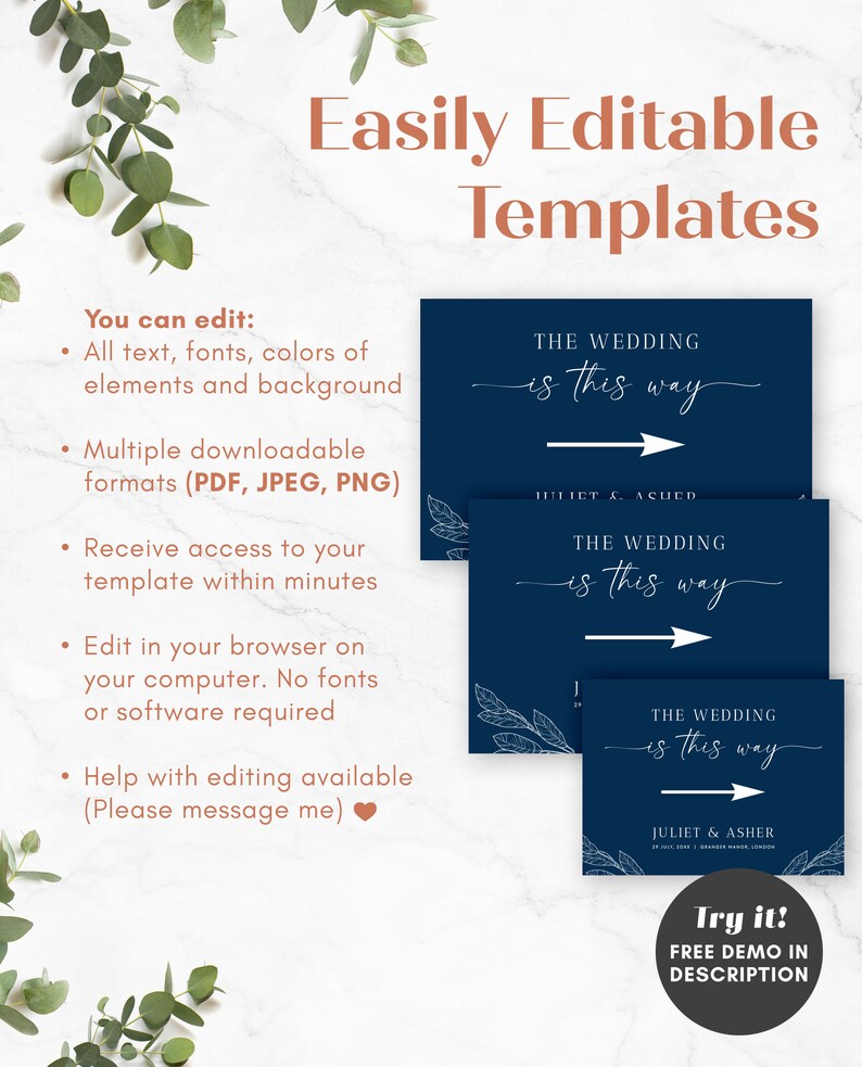 Rustic Navy Blue Wedding Directions Sign Editable Template, Reception ...