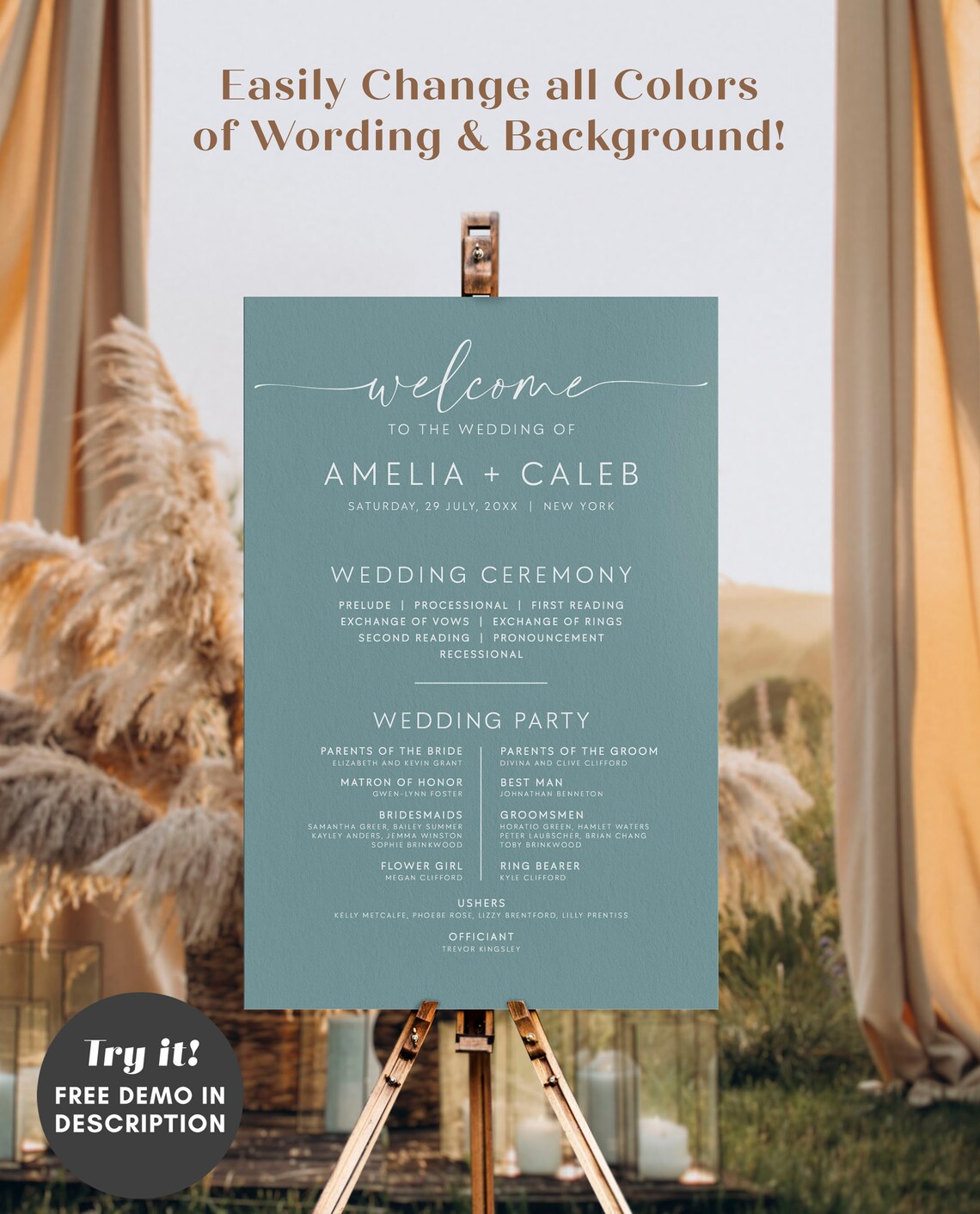 Large Editable Wedding Order of Service Sign Template Modern Minimalist ...