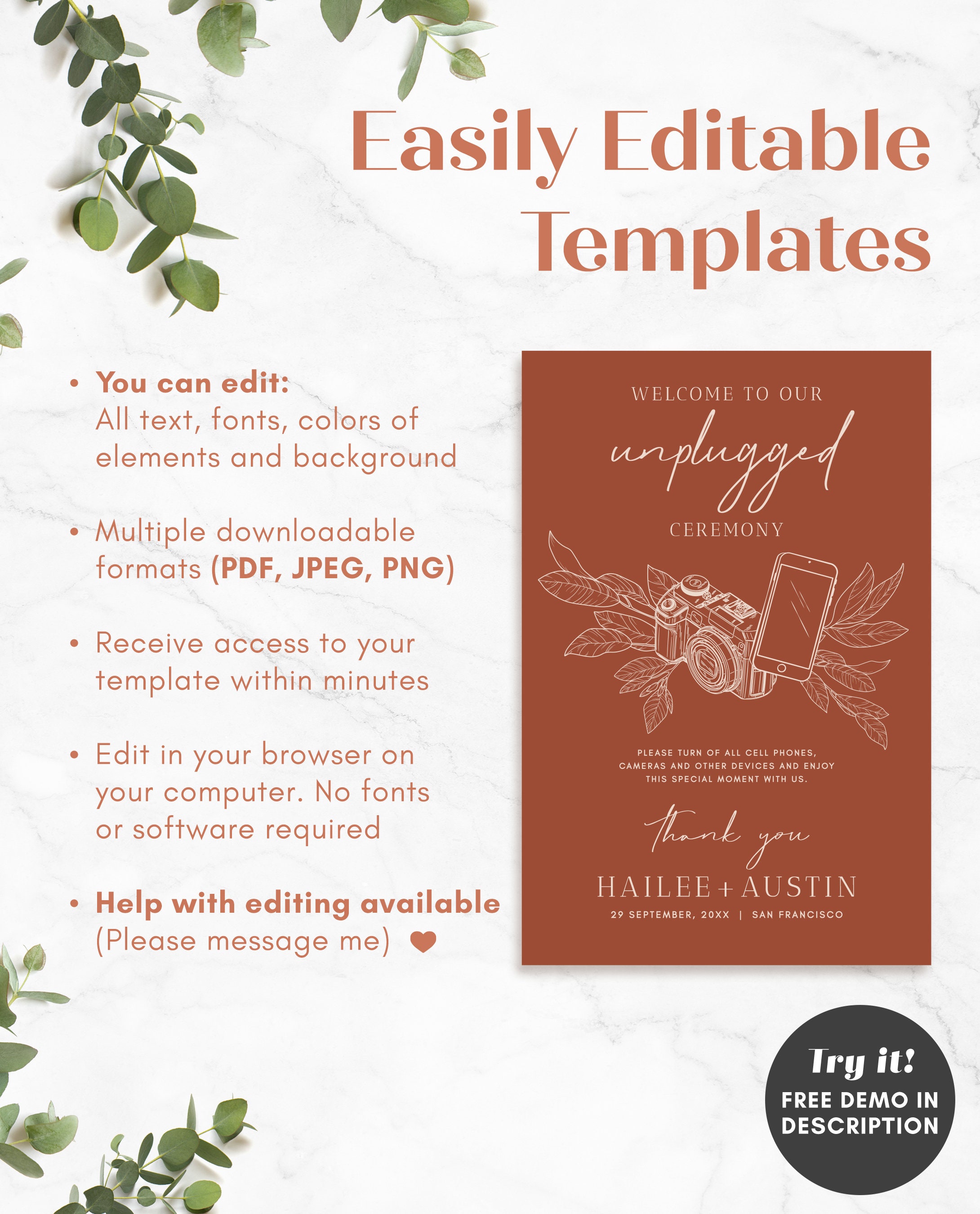 Burnt Orange Unplugged Ceremony Wedding Welcome Sign, Modern Minimalist ...