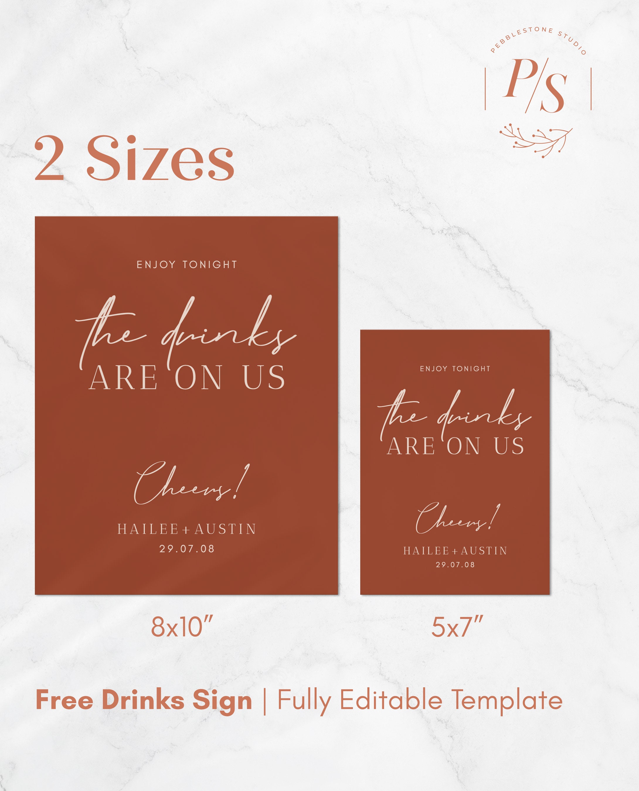 Terracotta Free Drinks Sign Template for Minimalist Wedding | Burnt ...