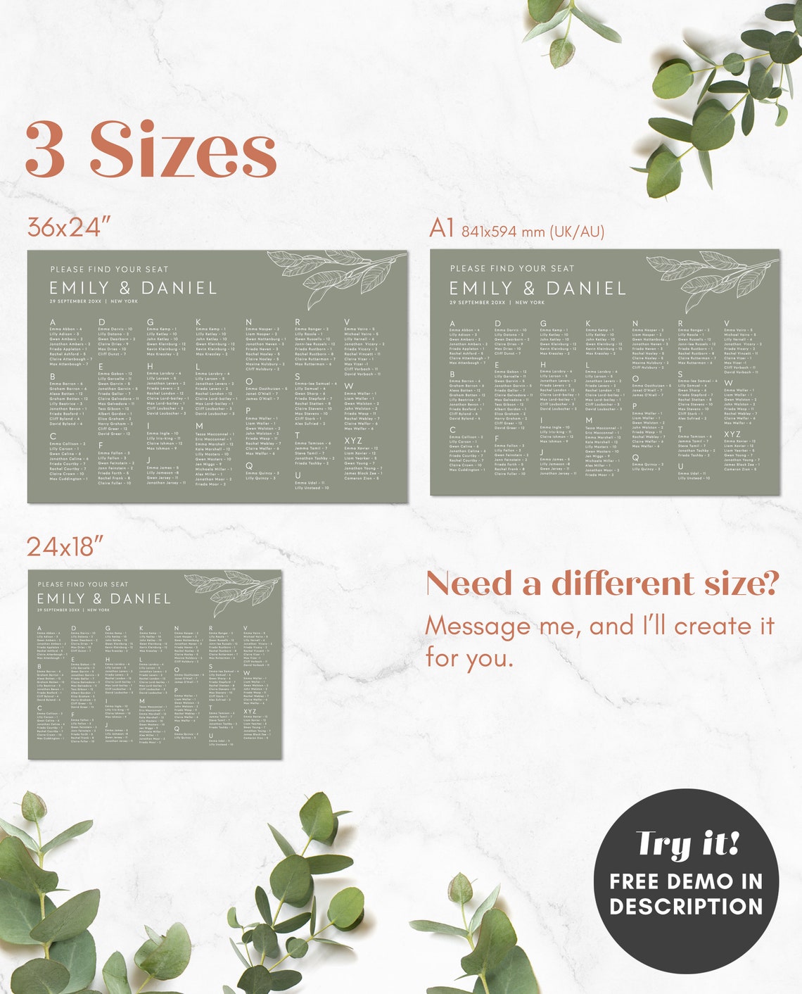 Alphabetical Sage Seating Chart Sign Template | Landscape Sage Green ...